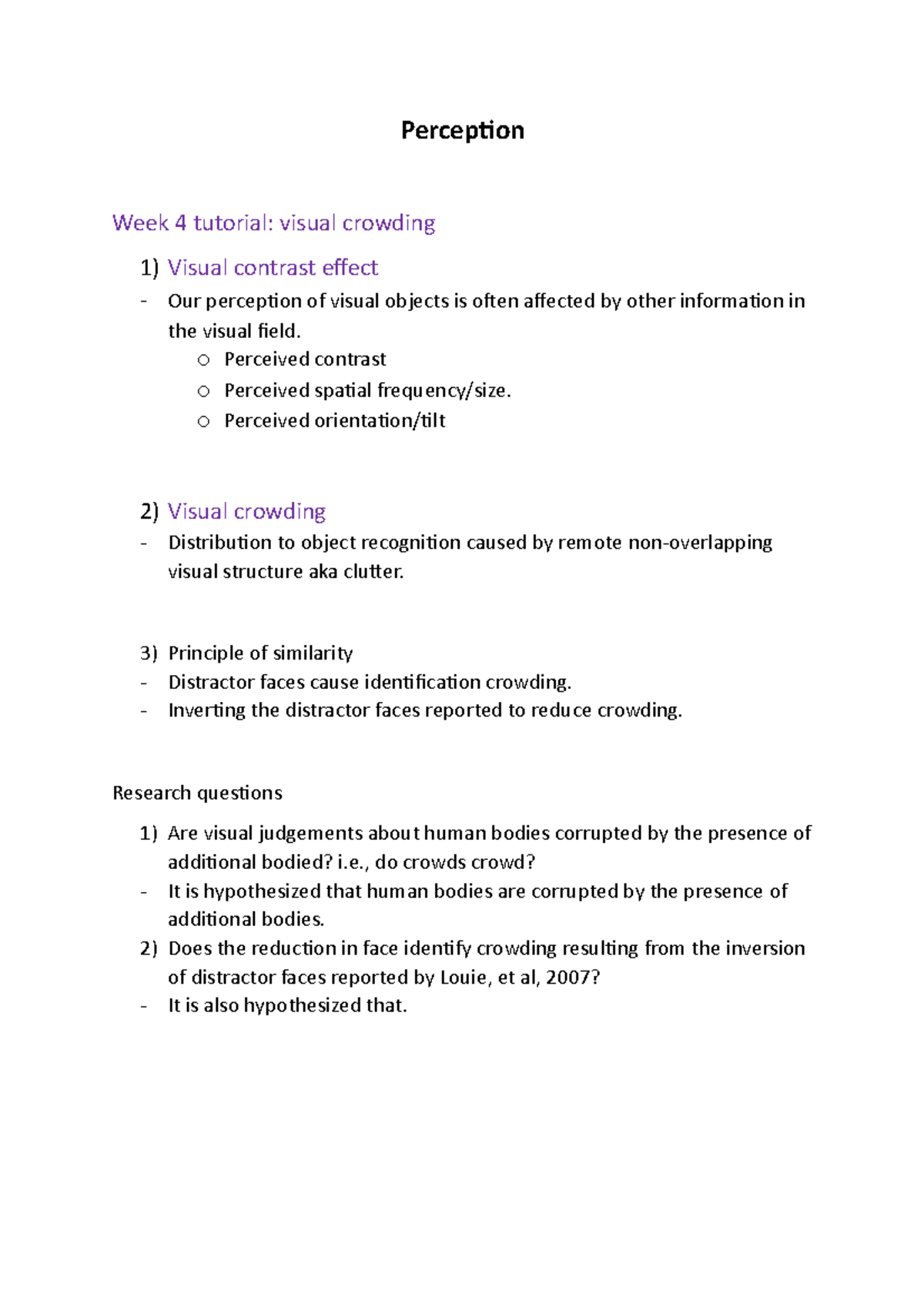 Perception notes - Perception Week 4 tutorial: visual crowding 1)Visual ...