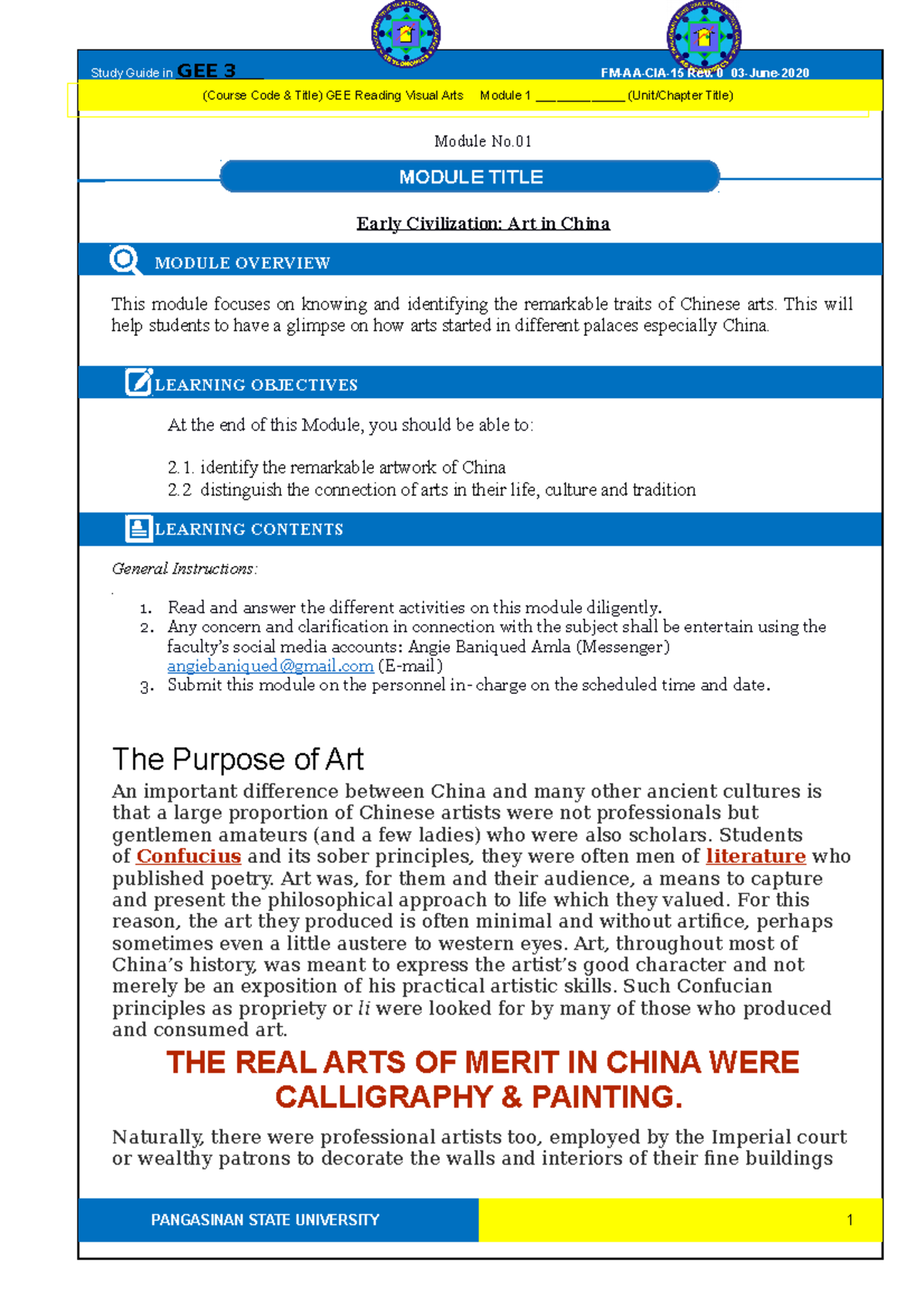 Readingvisualartsdraft - Module No. Early Civilization: Art in China ...