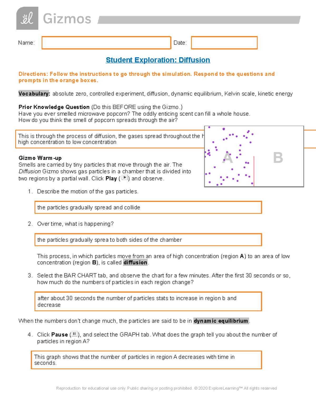 Copy of Diffusion SE gizmo - Name: Date: Student Exploration: Diffusion Directions: Follow the ...