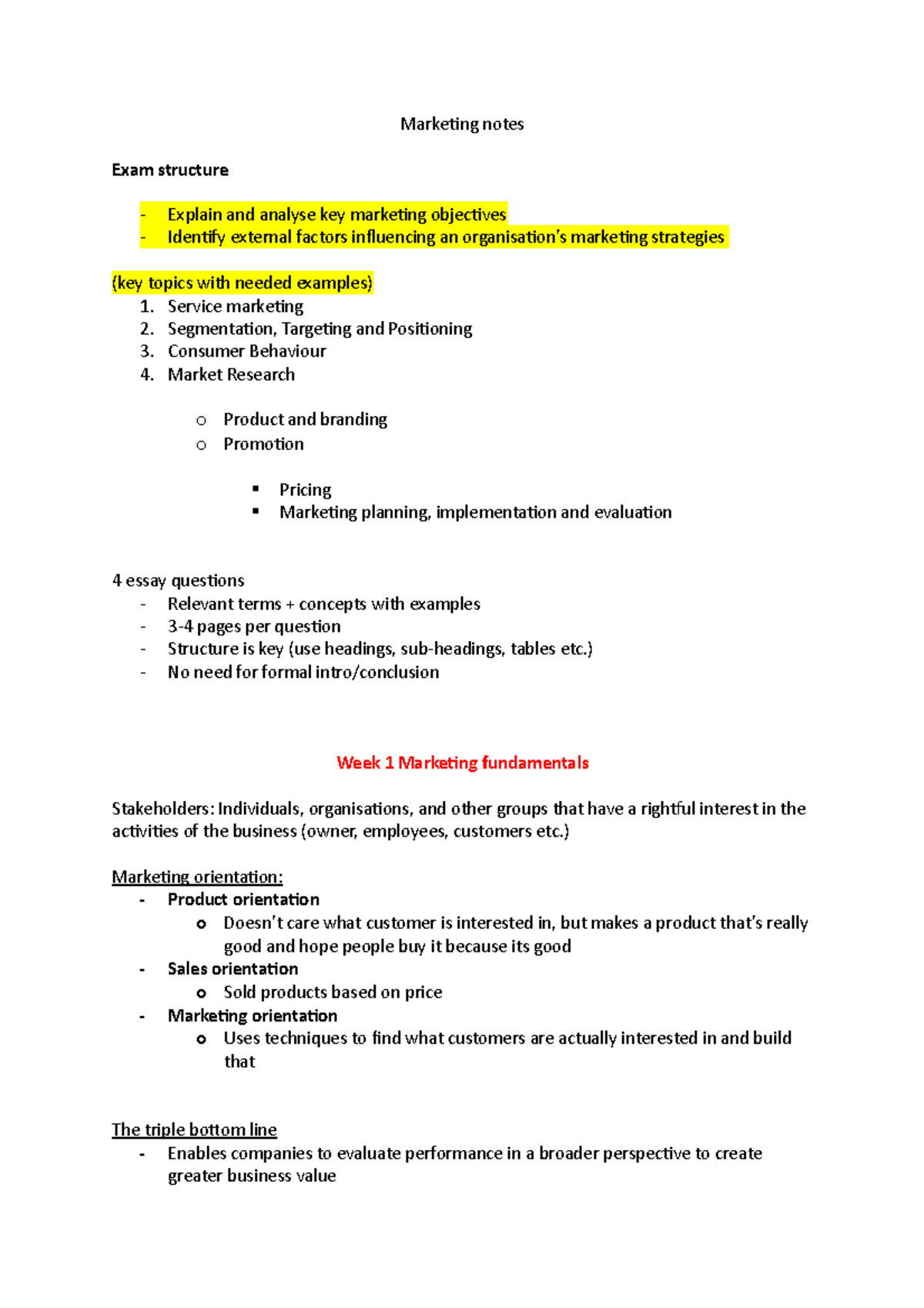 Marketing notes - Marketing notes Exam structure Explain and analyse ...