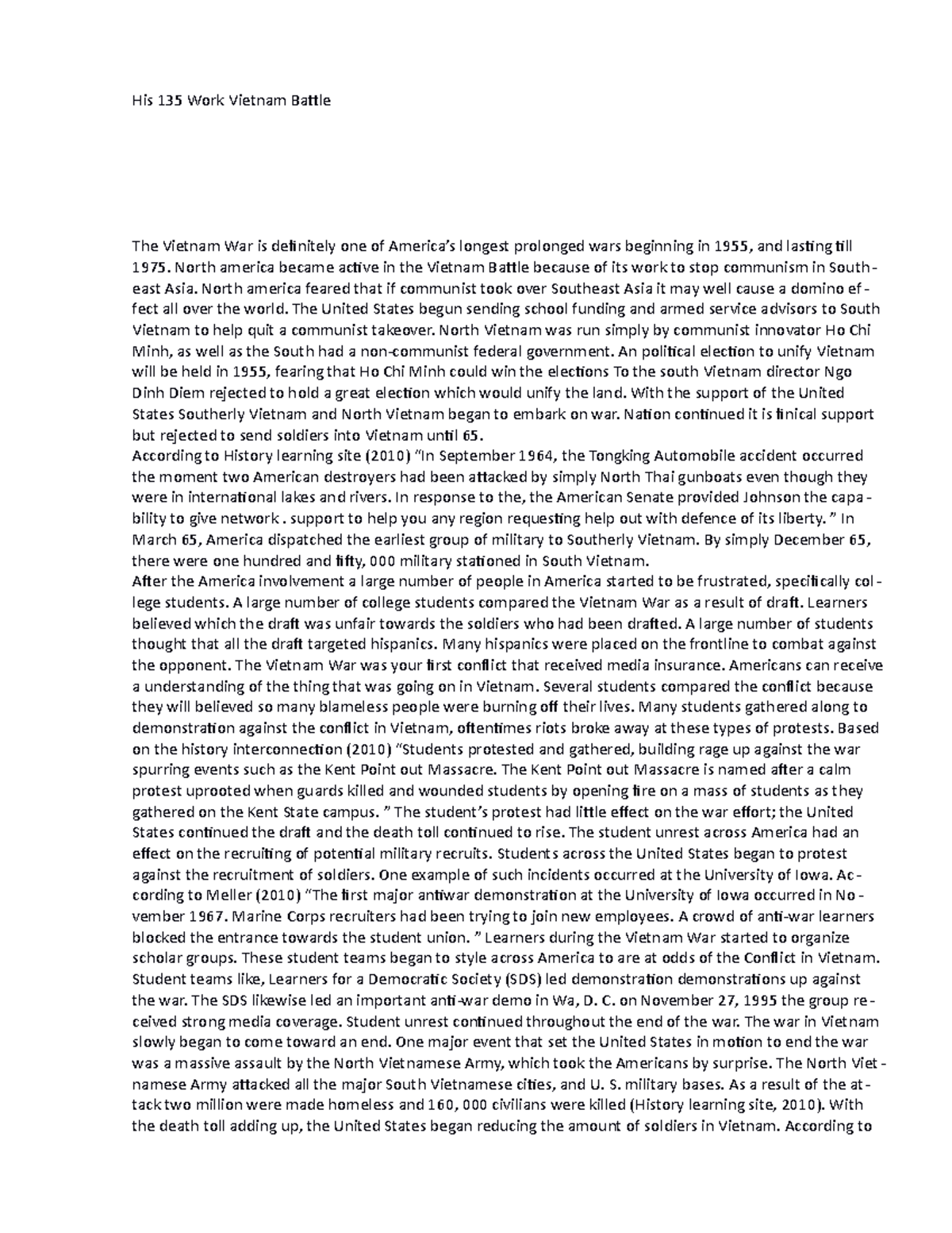 FIN 370 Assignment Vietnam War1 - His 135 Work Vietnam Battle The ...