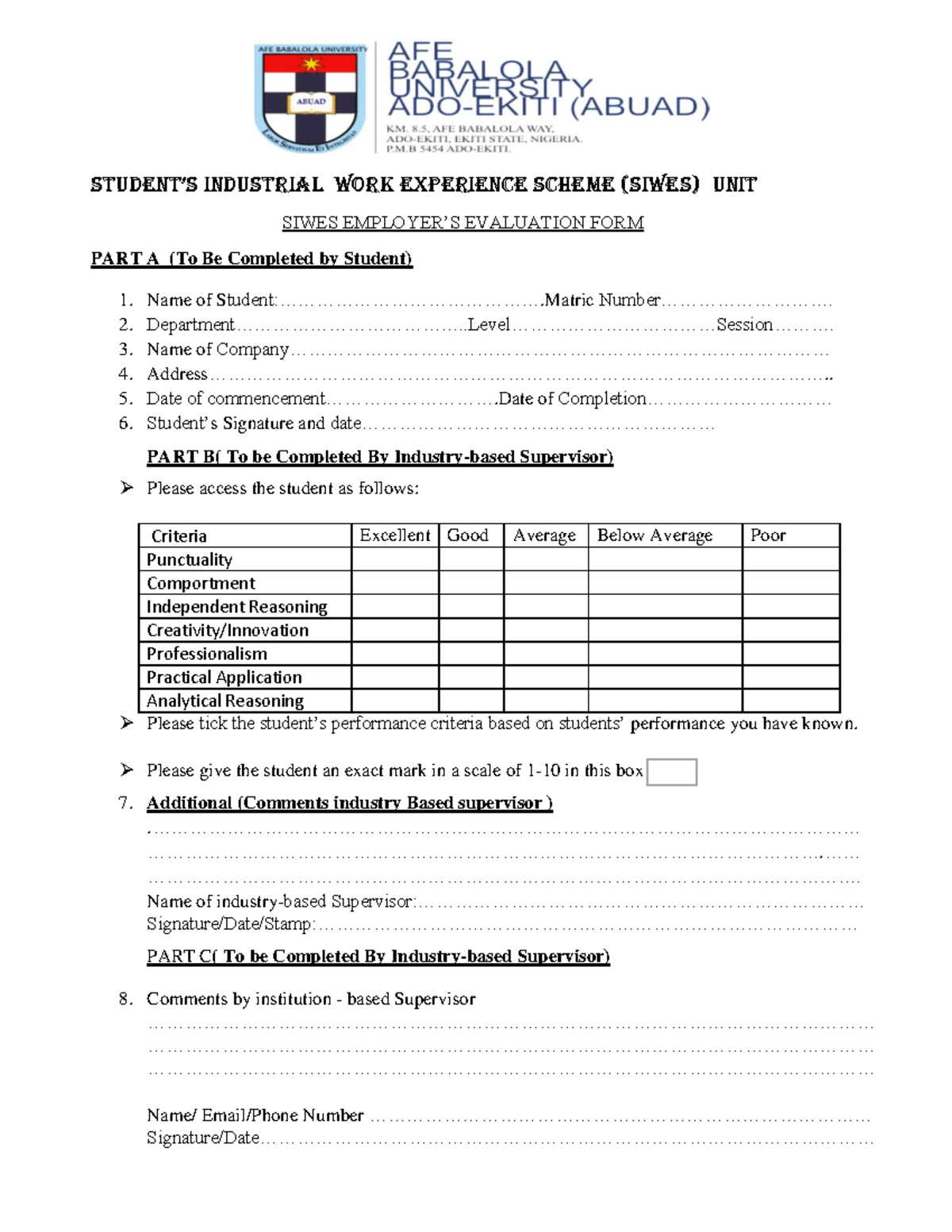 Siwes employer evaluation form (6) - Copy - Copy - STUDENT’S INDUSTRIAL ...