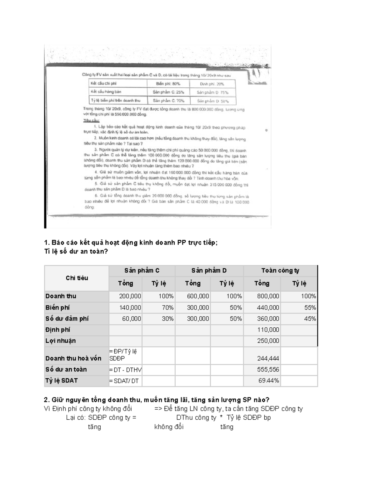 Bai tap Ke toan quan tri - Chuong 3 - CVP - 1. Báo cáo kết quả hoạt động kinh doanh PP trực tiếp ...
