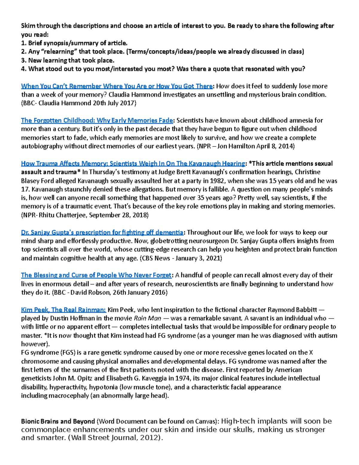 Memory Articles - **Skim through the descriptions and choose an article ...