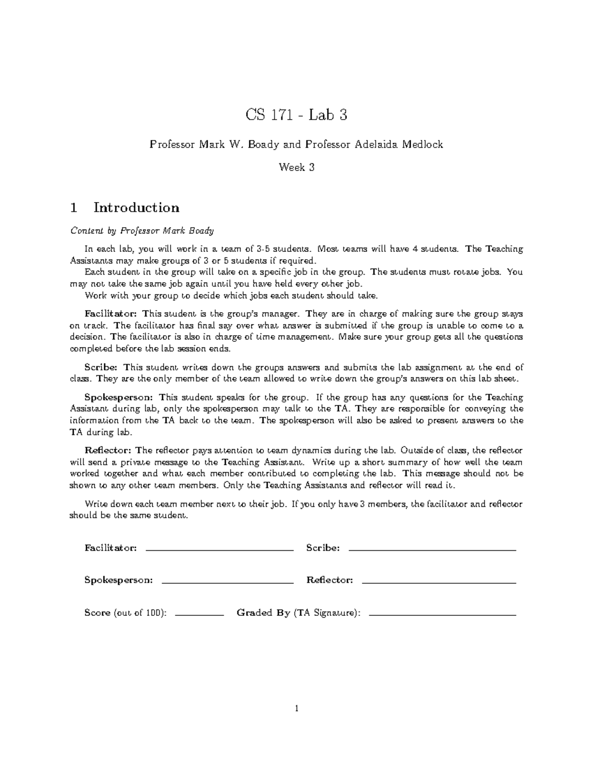 Lab03 student - Lab - CS 171 - Lab 3 Professor Mark W. Boady and ...
