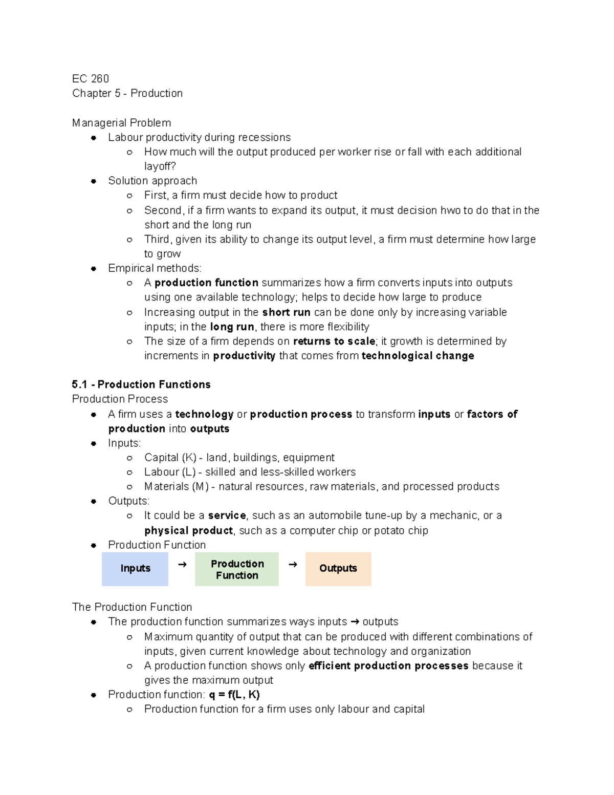 EC 260 - Chapter 5 Production - EC 260 Chapter 5 - Production Managerial Problem Labour - Studocu