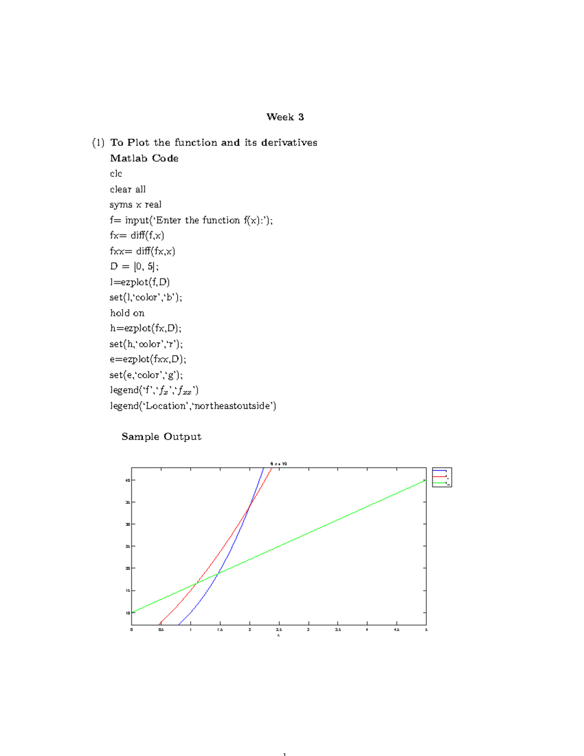 Week 3 Week 3 Matlab Exercise Week 3 1 To Plot The Function And Its Derivatives Matlab
