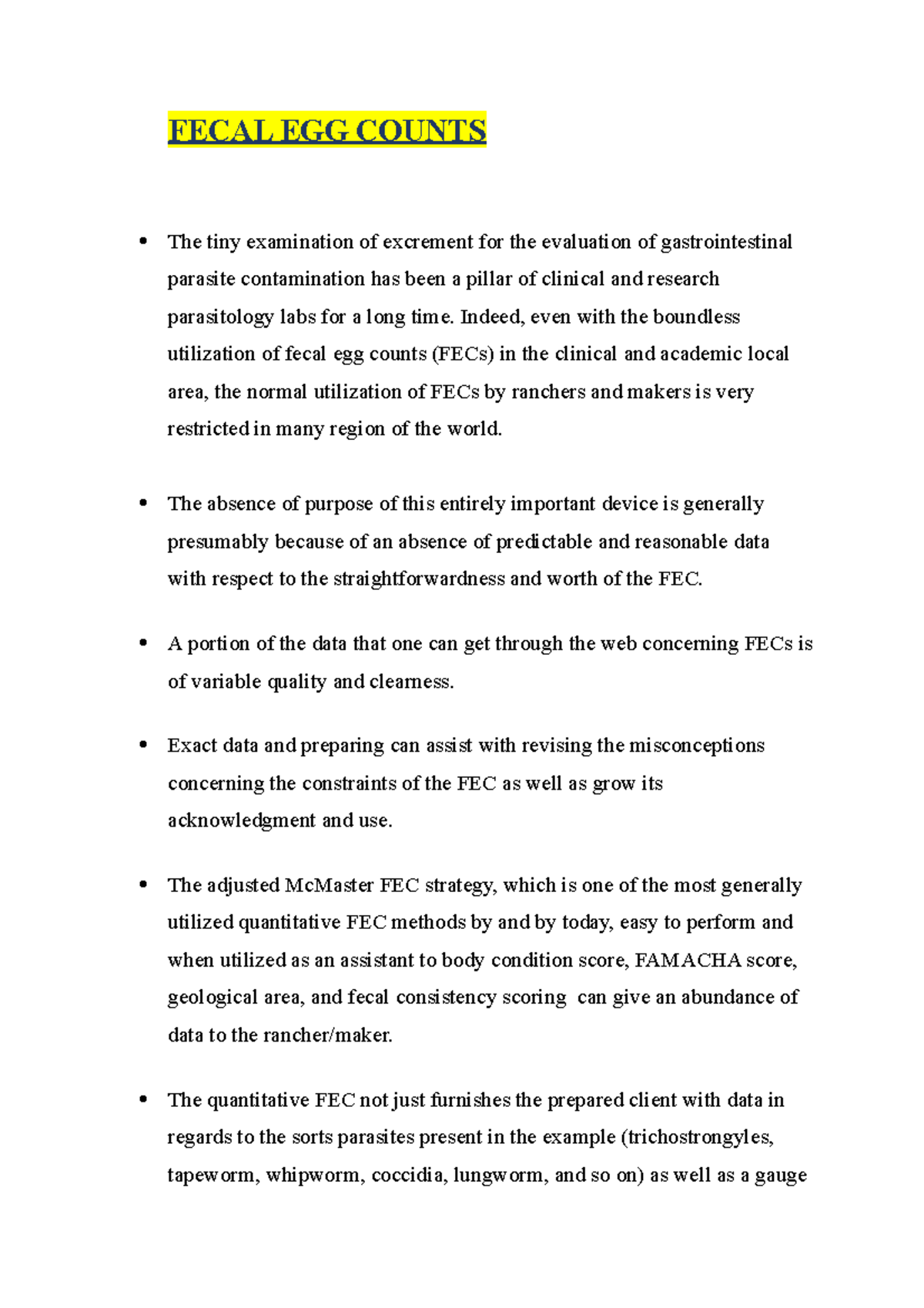 Fecal EGG Counts - useful notes - FECAL EGG COUNTS The tiny examination ...