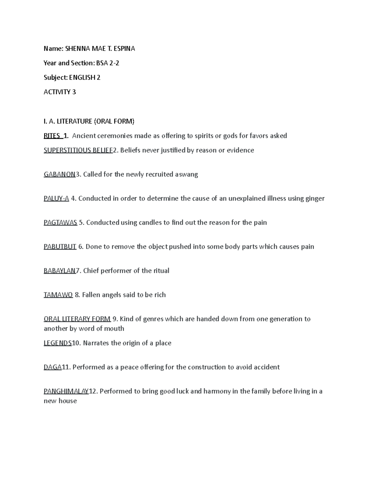 Espina- Literature ORAL FORM - Name: SHENNA MAE T. ESPINA Year and ...