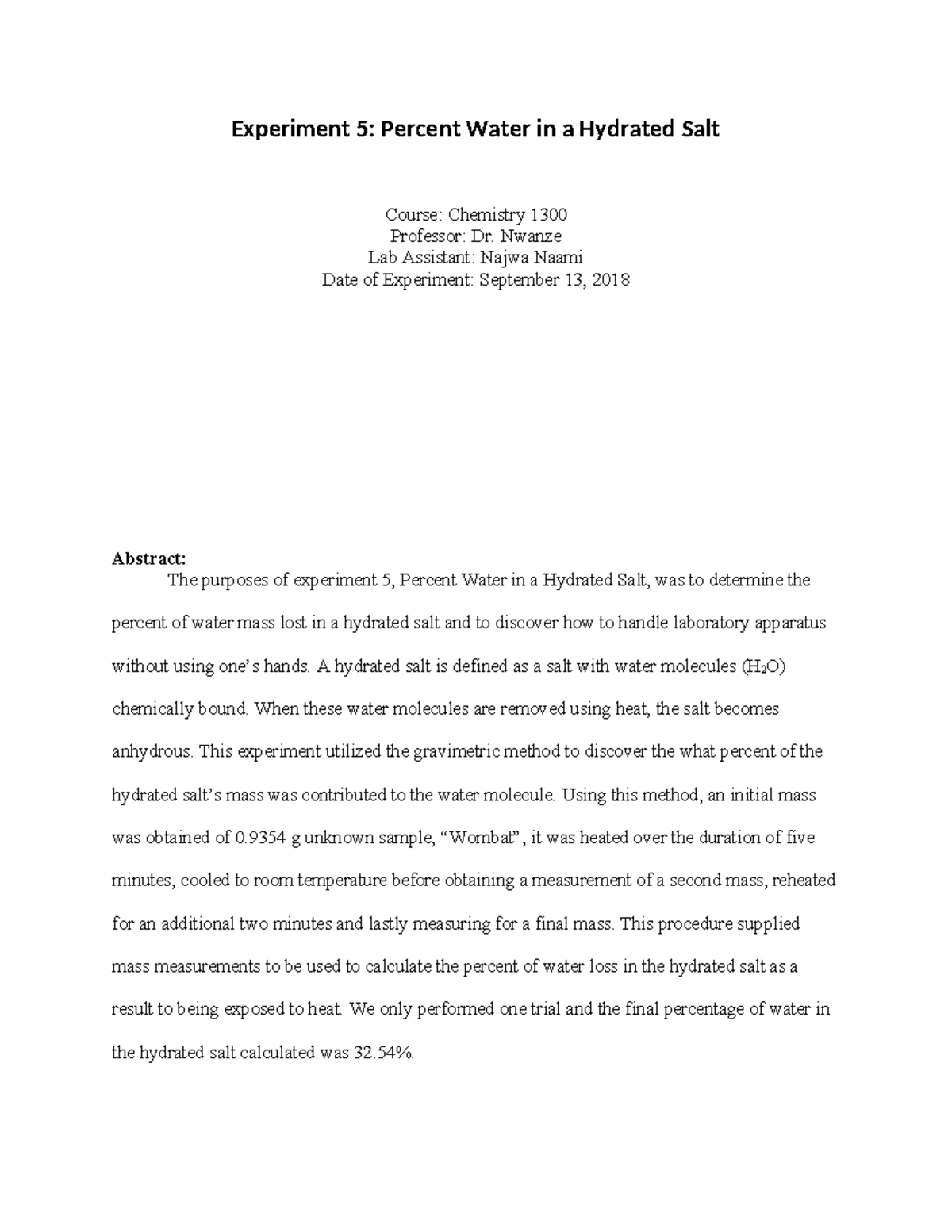 Chem Lab Report Experiment 5 - Experiment 5: Percent Water in a Hydrated Salt Course: Chemistry ...
