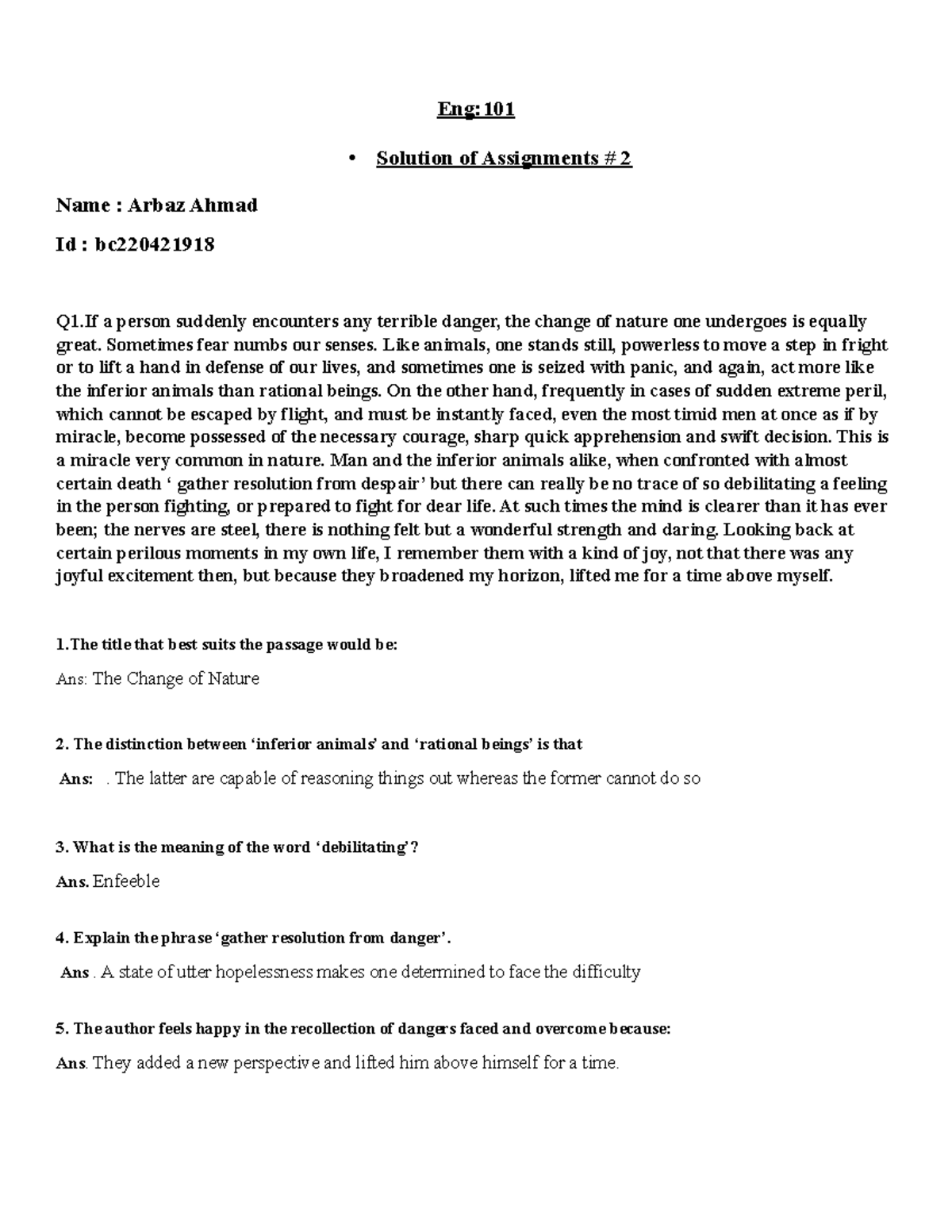 Assignment 2 of Eng - Eng: • Solution of Assignments # 2 Name : Arbaz Ahmad Id : bc Q1 a person ...