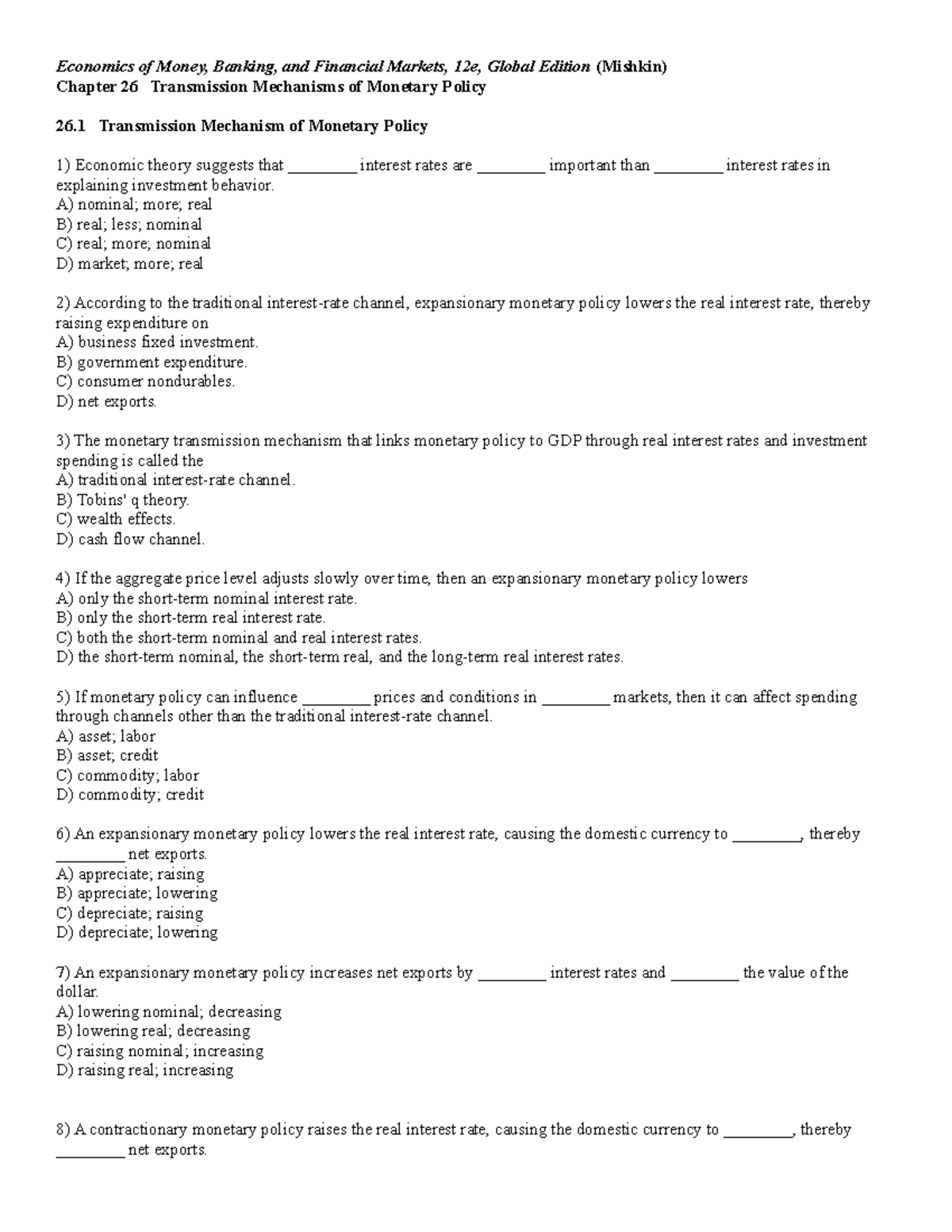 Chapter 26 - Practice Questions - Economics of Money, Banking, and ...