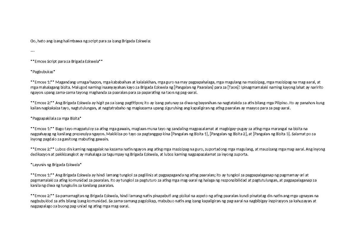 Brigada- Emcee- Script - Oo, heto ang isang halimbawa ng script para sa ...