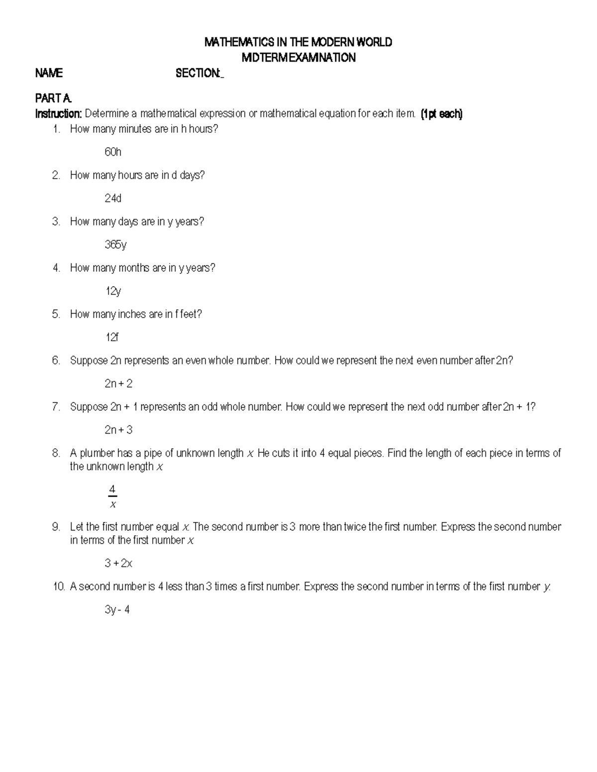 Toaz - mmw - MATHEMATICS IN THE MODERN WORLD MIDTERM EXAMINATION NAME ...