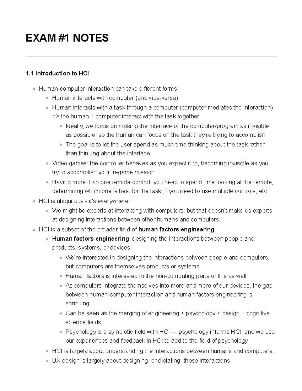 Exam 1 Notes - EXAM #1 NOTES 1 Introduction to HCI Human-computer ...