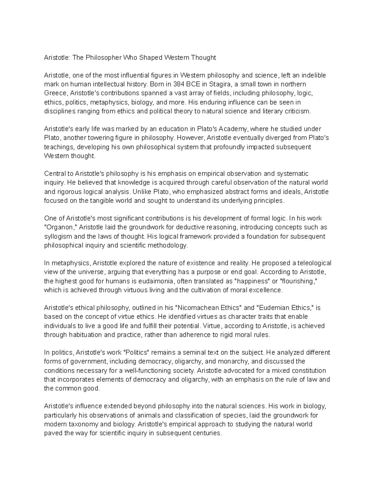 Aristotle - Final Essay - Aristotle: The Philosopher Who Shaped Western ...
