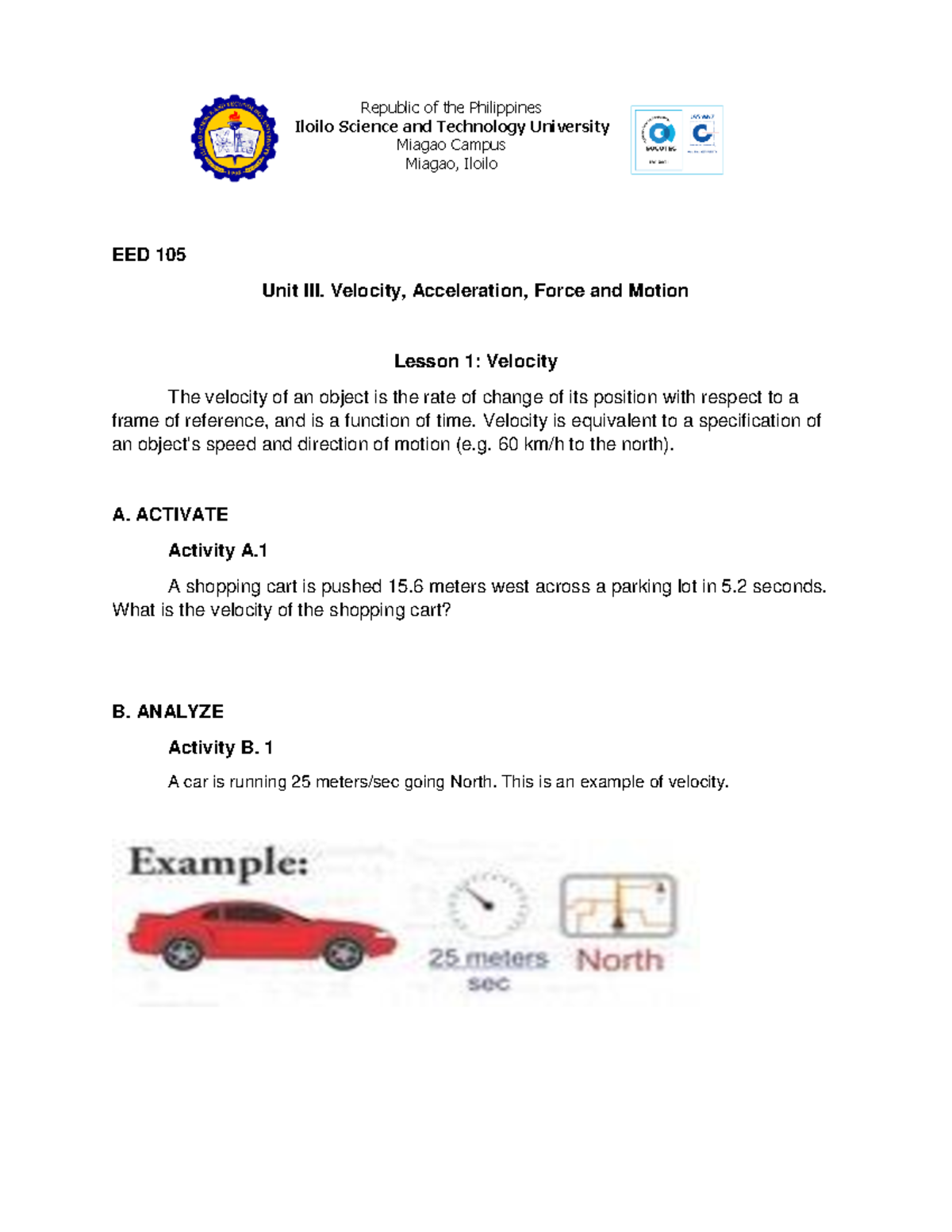 EED 105- UNIT 3 - EED 105 Unit III. Velocity, Acceleration, Force and ...
