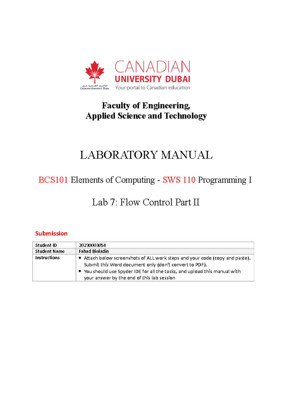 LAB7 Flow Control Part II - Faculty of Engineering, Applied Science and ...