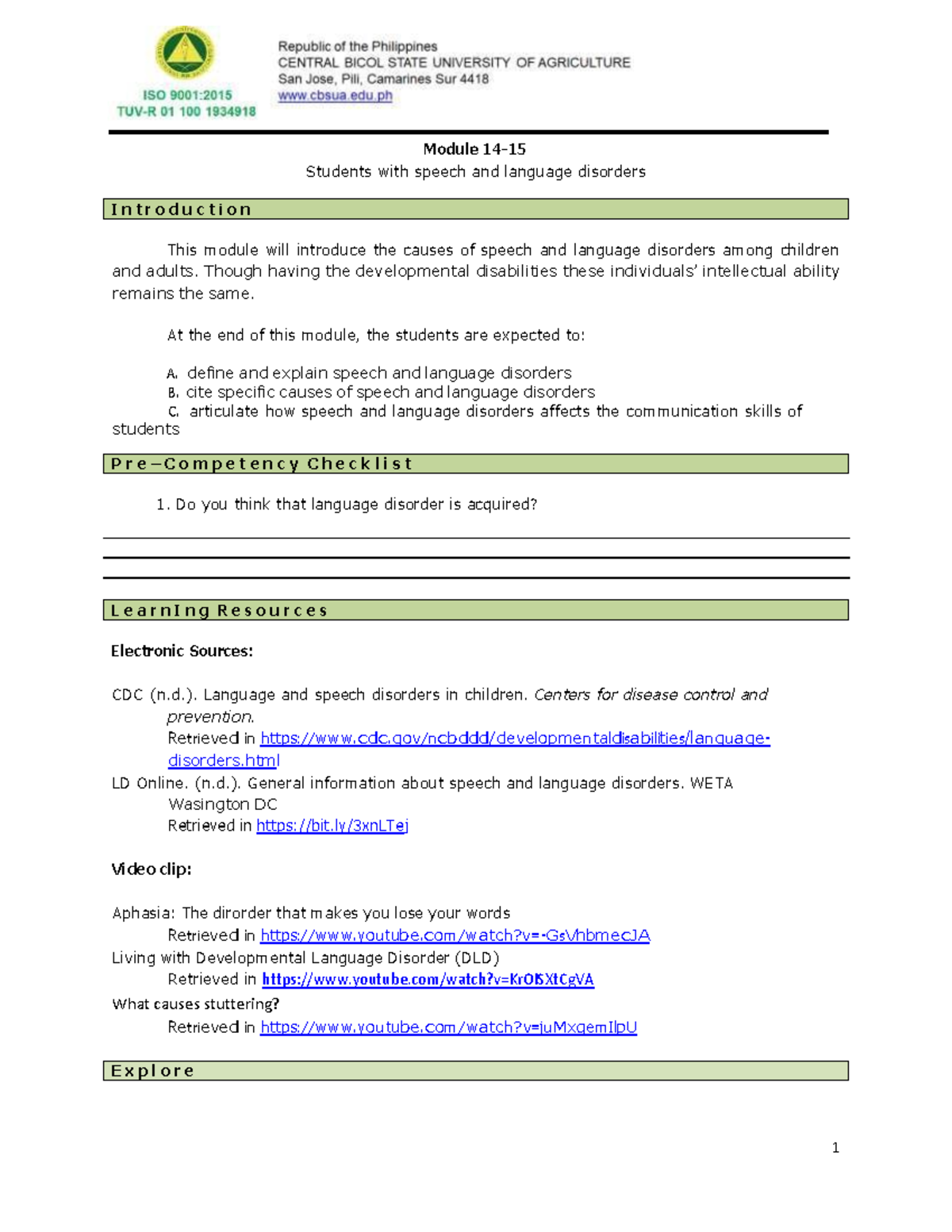 Module 14-15 - Learning disabilities - I n t r o d u c t i o n P r e ...