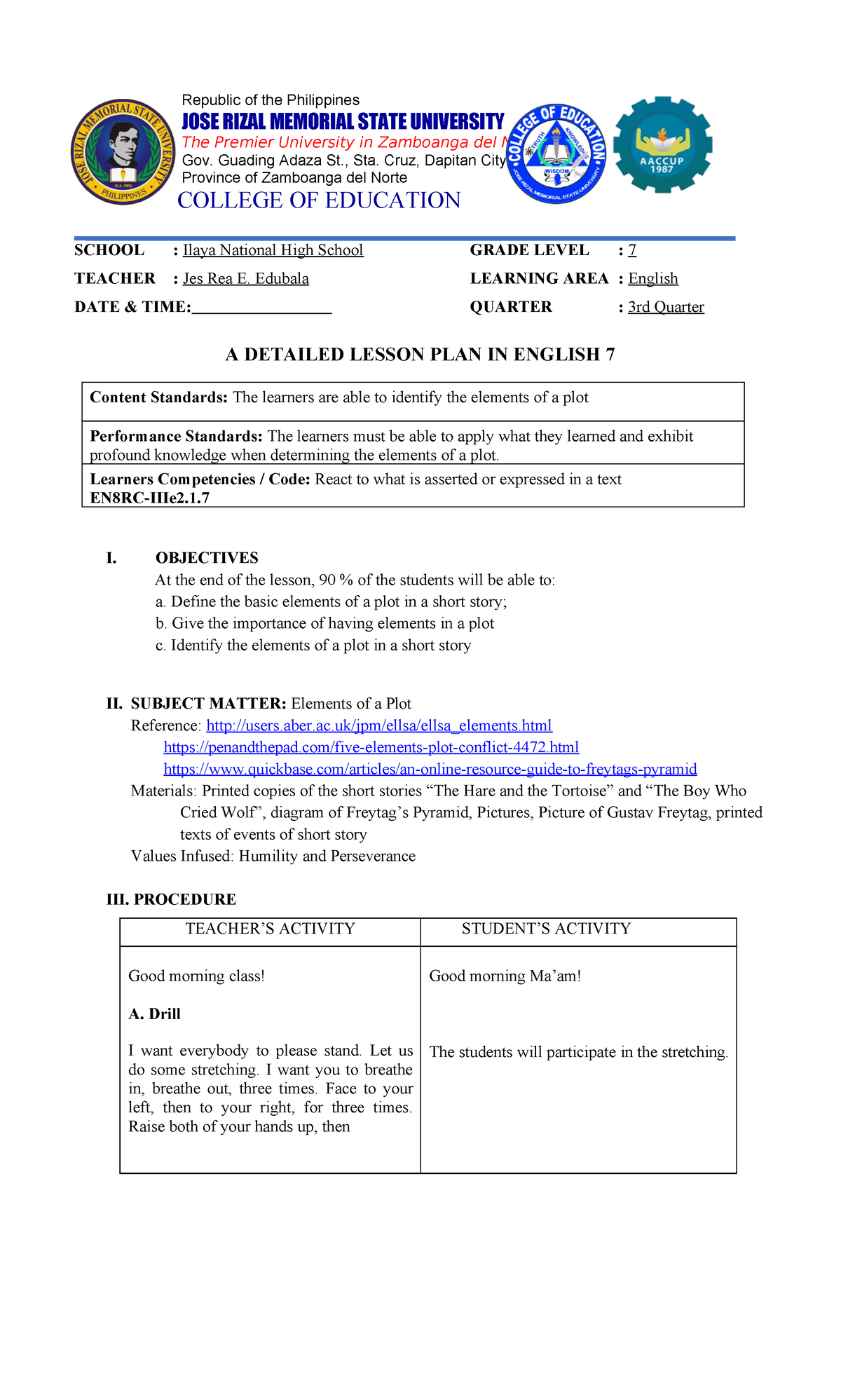 Day 1 week 3 LESSON PLAN - COLLEGE OF EDUCATION SCHOOL : Ilaya National ...