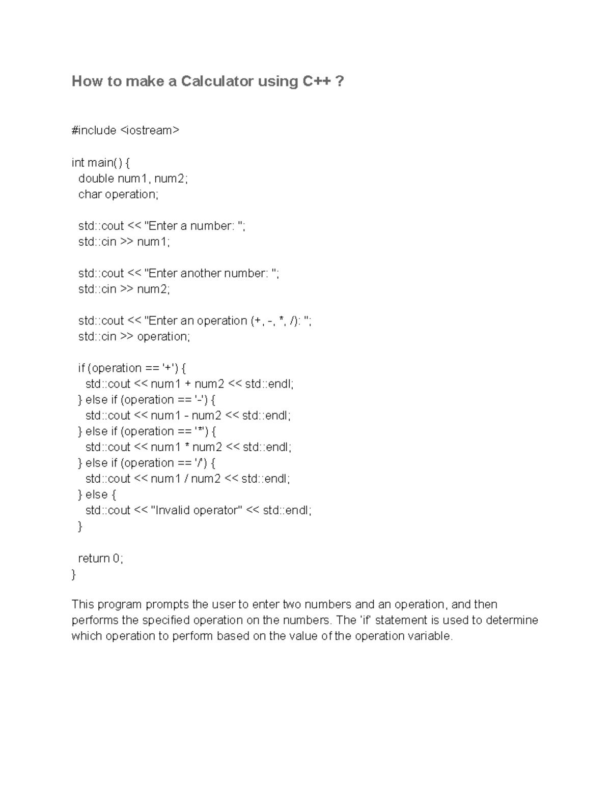 Calculator - The ‘if’ statement is used to determine which operation to ...