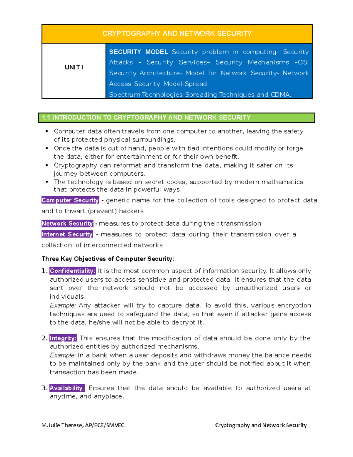 UNIT I - Cryptography and Network Security - M Therese, AP/ECE/SMVEC ...
