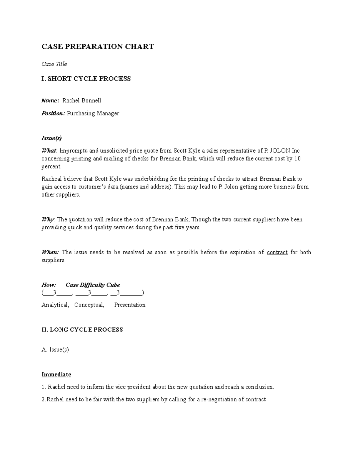 Case Preparation Chart - Brennan Bank - CASE PREPARATION CHART Case ...
