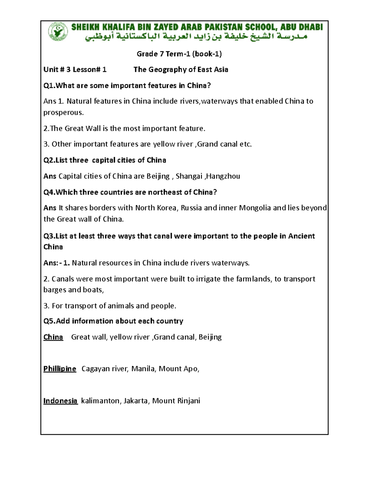 Geography of east asia (Notes) - Grade 7 Term-1 (book-1) Unit # 3 ...