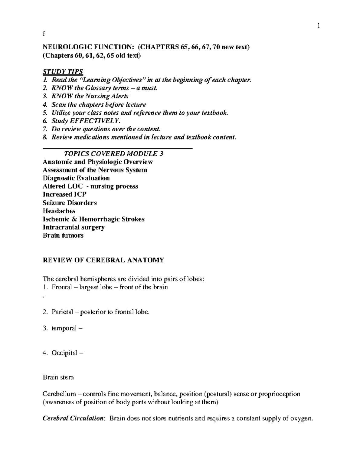 Module 3 Class Notes 1 - Study guides for neurological conditions - f ...