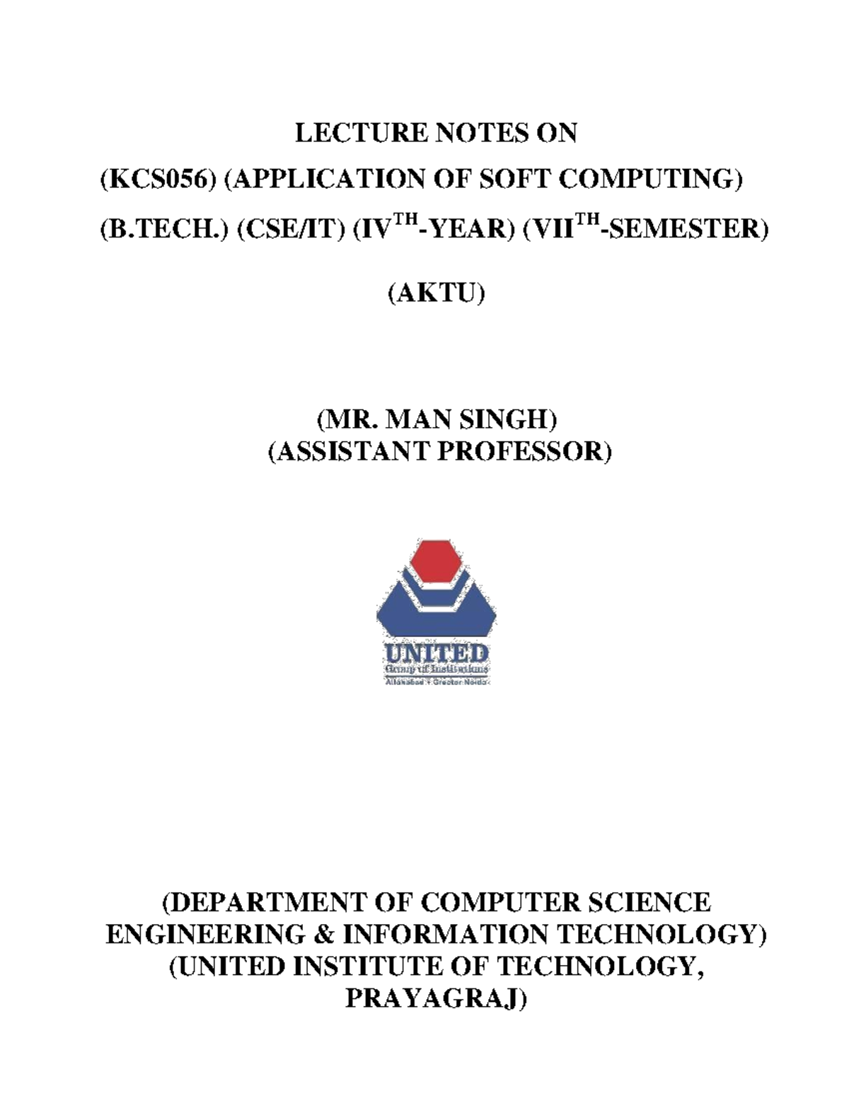 Scunit 1 Application Of Soft Computing Kcs056 Lecture Notes On Kcs056 Application Of Soft