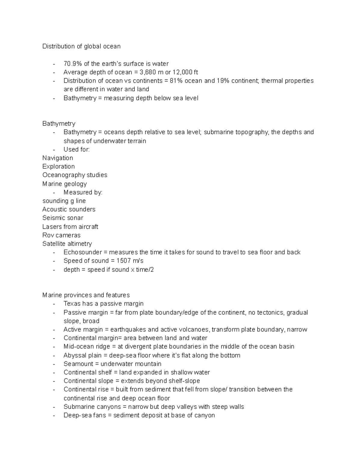 Ocean notes 2 - Distribution of global ocean 70% of the earth’s surface ...