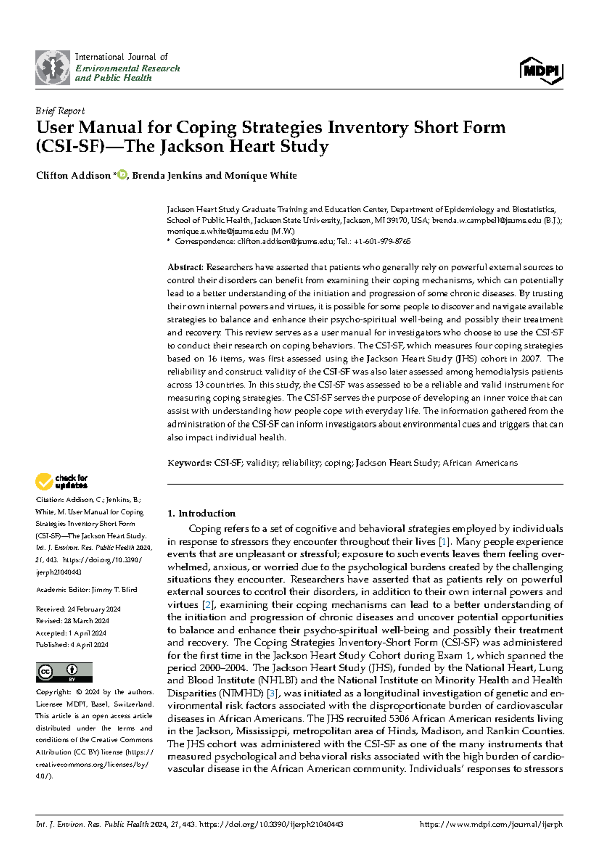 Ijerph-21-00443 - idk just a reference - Citation: Addison, C.; Jenkins ...