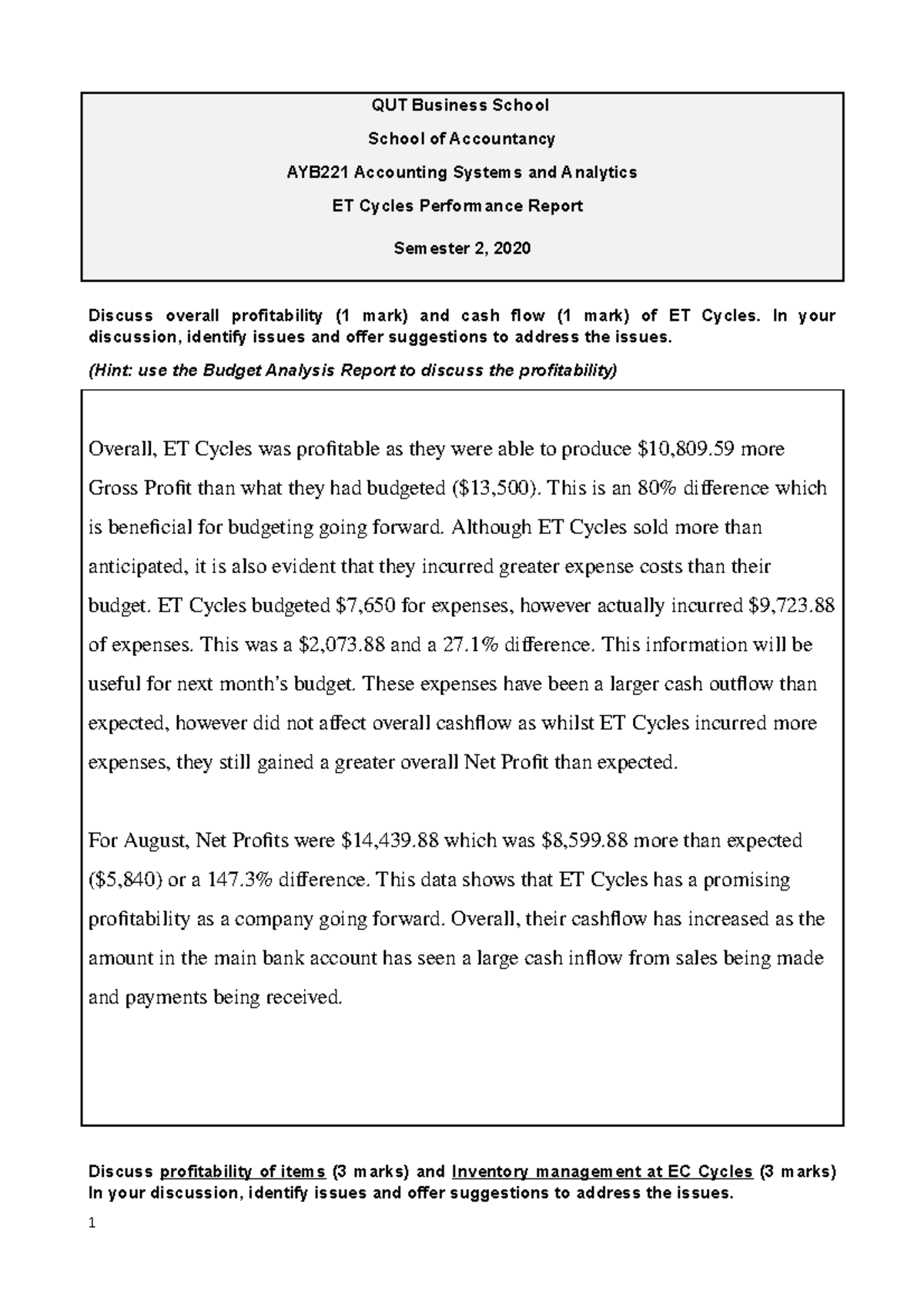 Student Example Business Performance Report - QUT Business School ...