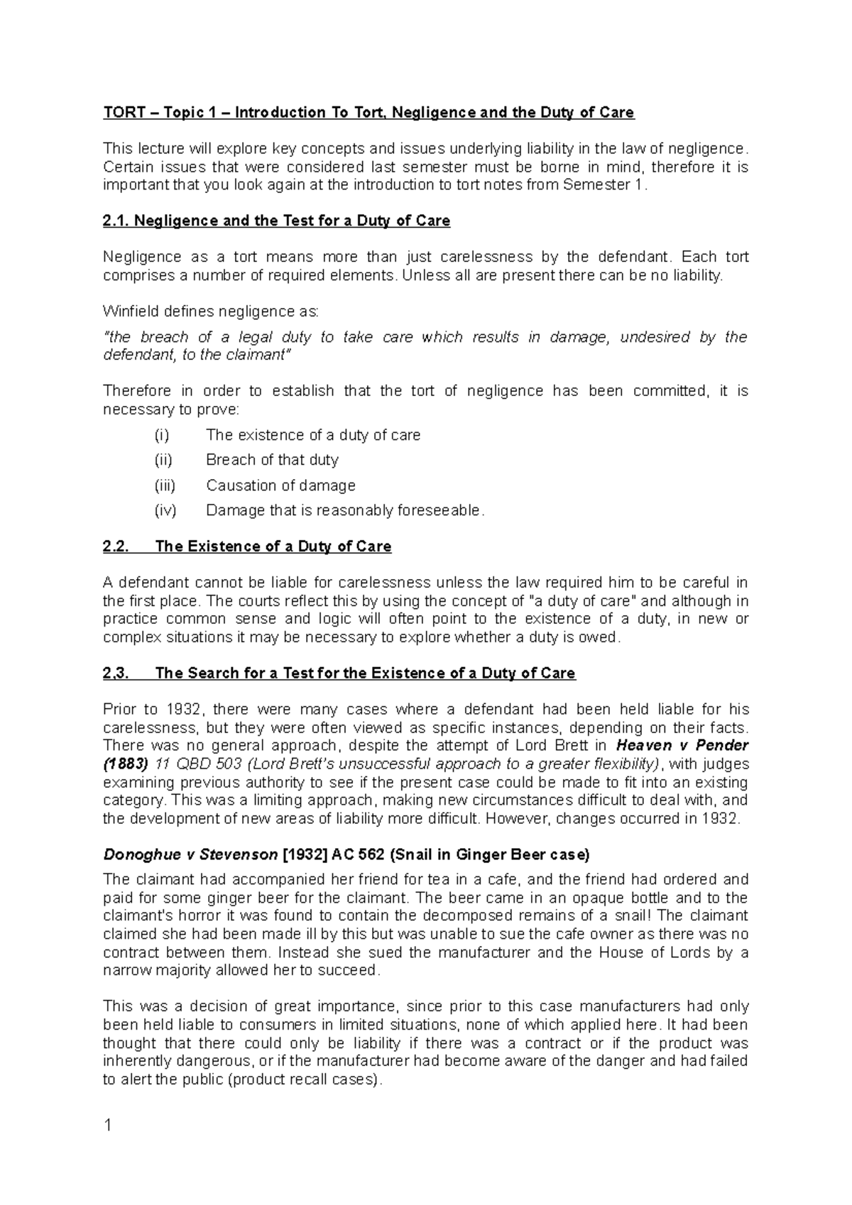 TA Topic 1 - TORT DUTY OF CARE LLB - TORT – Topic 1 – Introduction To Tort, Negligence and the ...
