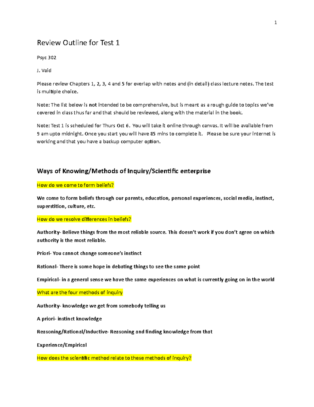 PSYC 302 Test 1 Review Outline - Review Outline for Test 1 Psyc 302 J ...