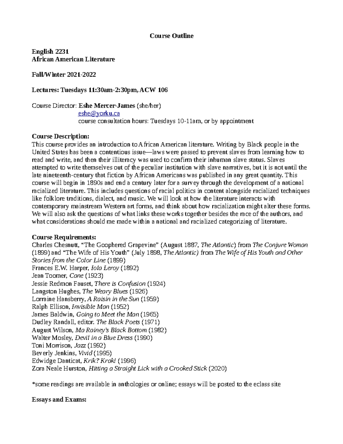 African American Literature syllabus - Course Outline English 2231 ...