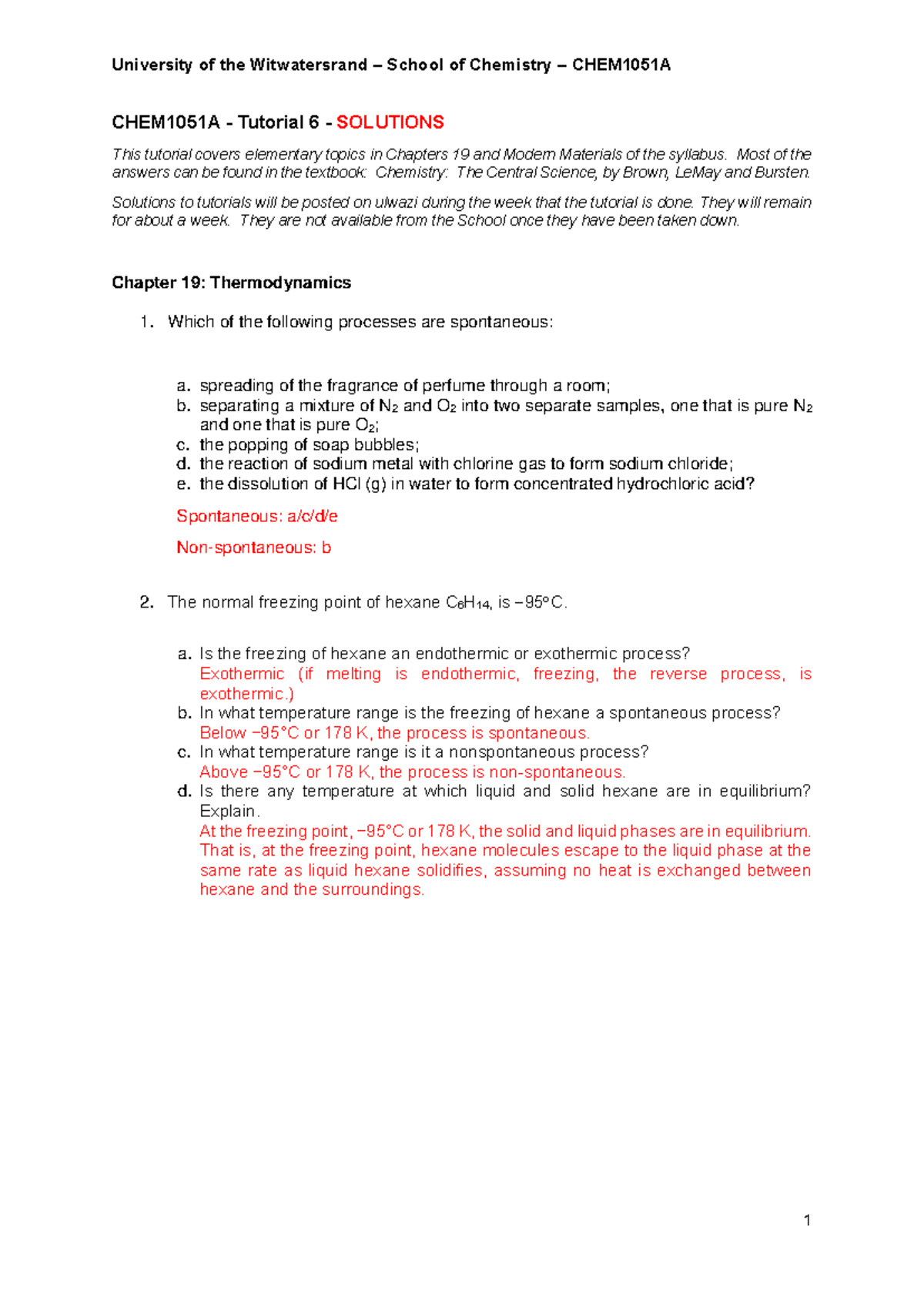 CHEM1051A Tut 6 Solutions 2024 v3 - CHEM1051A - Tutorial 6 - SOLUTIONS This tutorial covers ...