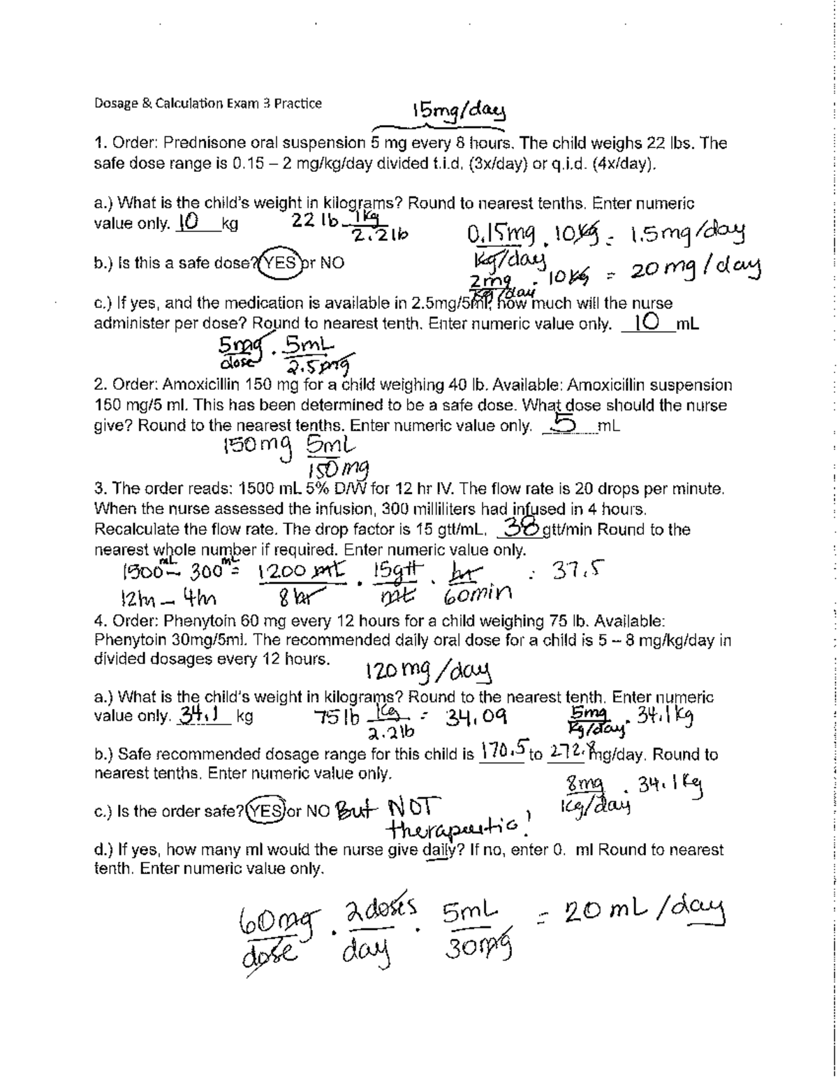 Dose+calc+practice+answers+221 - Dosage Calculation Exam 3 Practice 1 ...