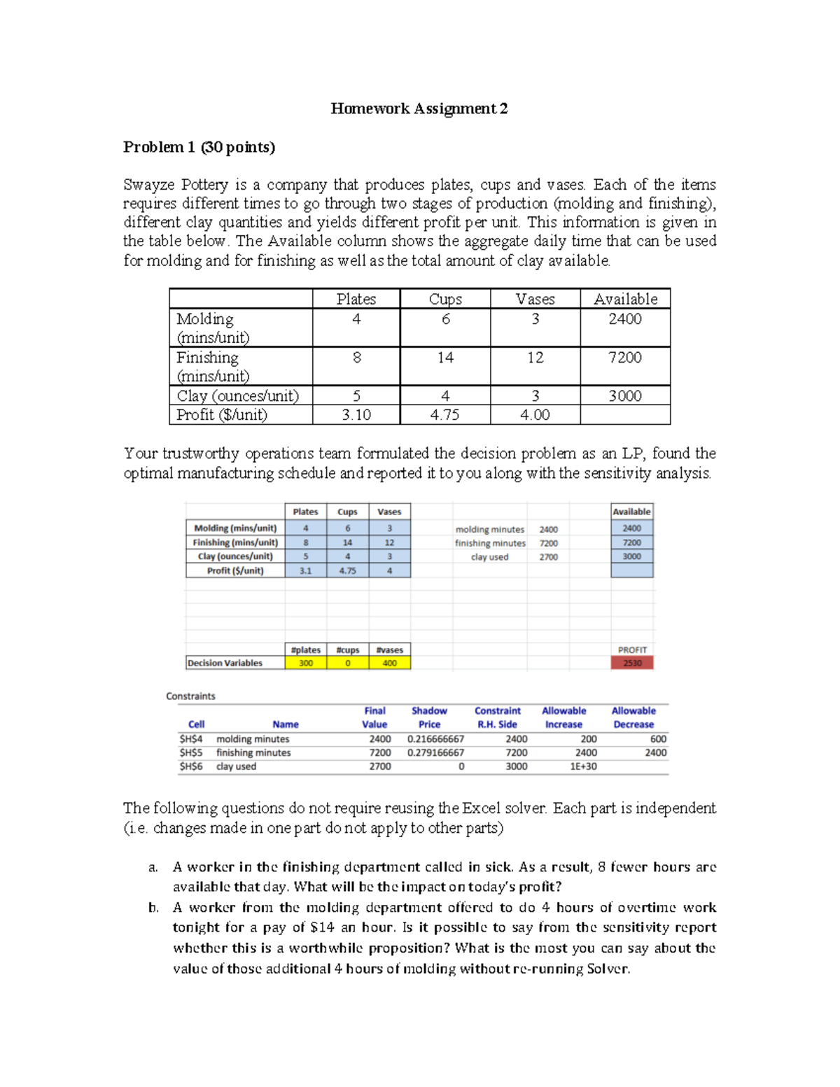 Homework 2 - asignment - Homework Assignment 2 Problem 1 (30 points) Swayze Pottery is a company ...