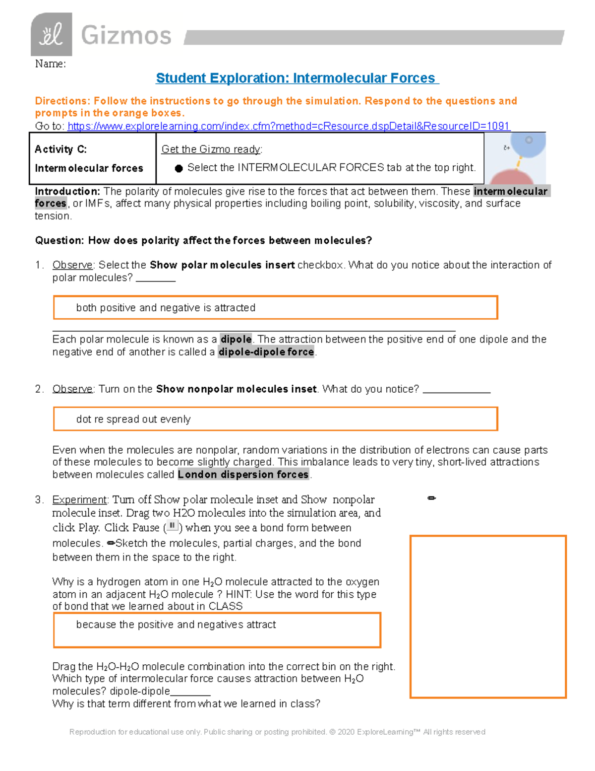 Copy Of IMF Gizmo Activity CHEM 161 Studocu