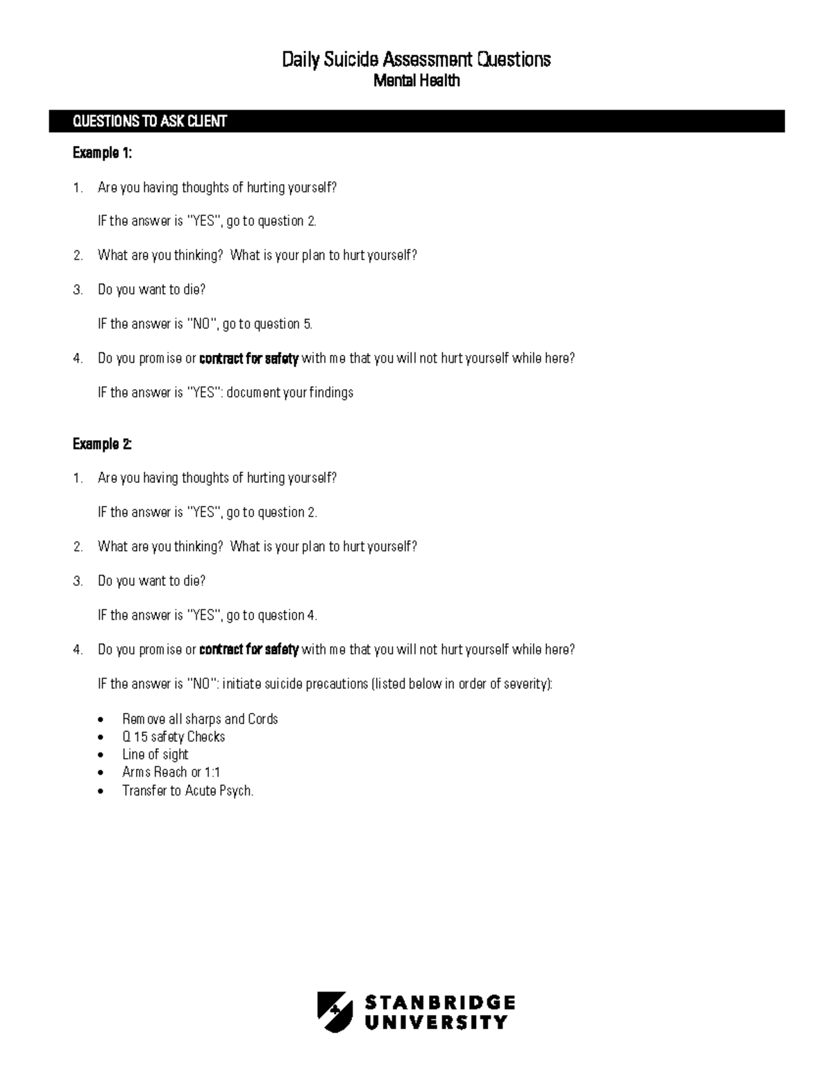 Daily Suicide Assessment Questions - QUESTIONS TO ASK CLIENT Example 1 ...