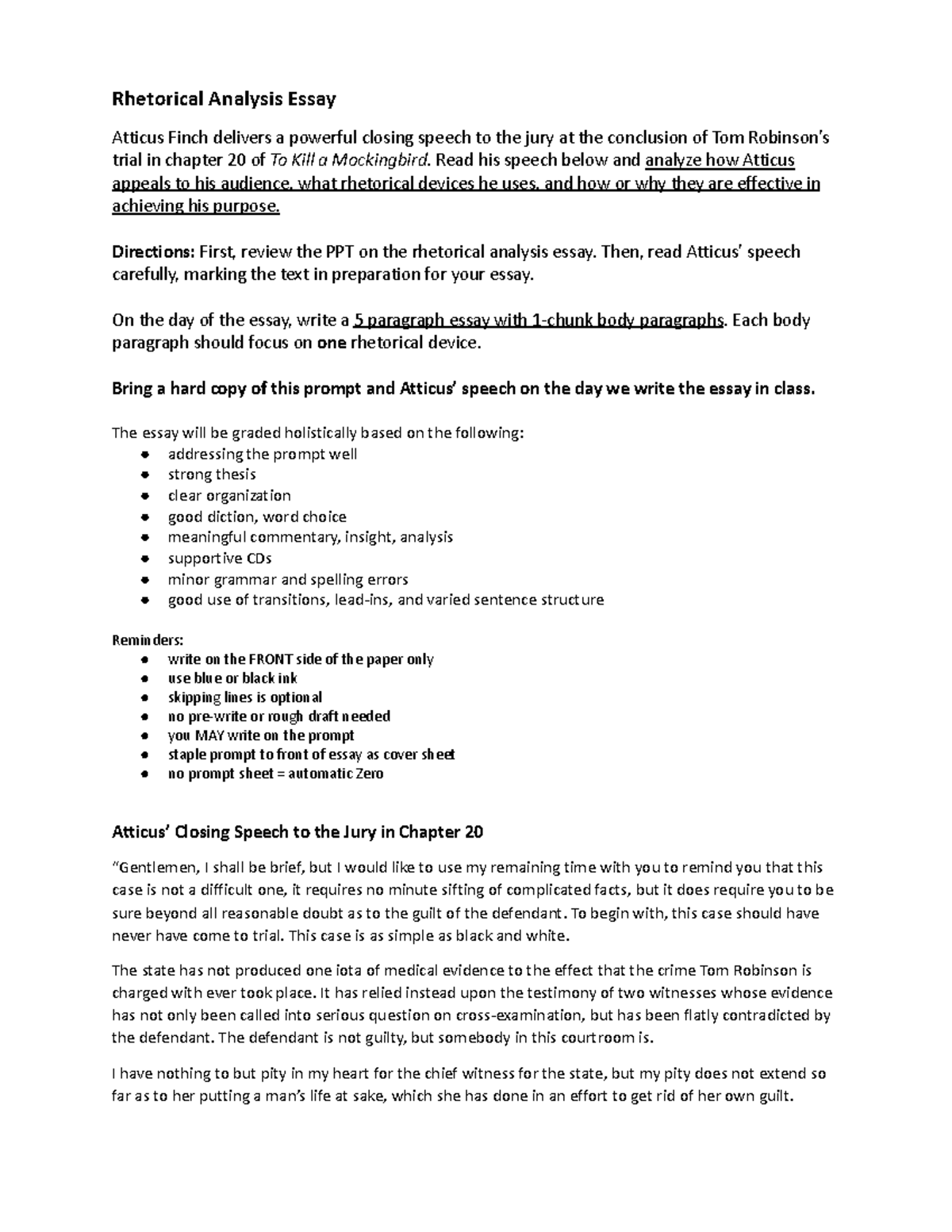 Rhetorical Analysis-Atticus Speech - Rhetorical Analysis Essay Atticus ...