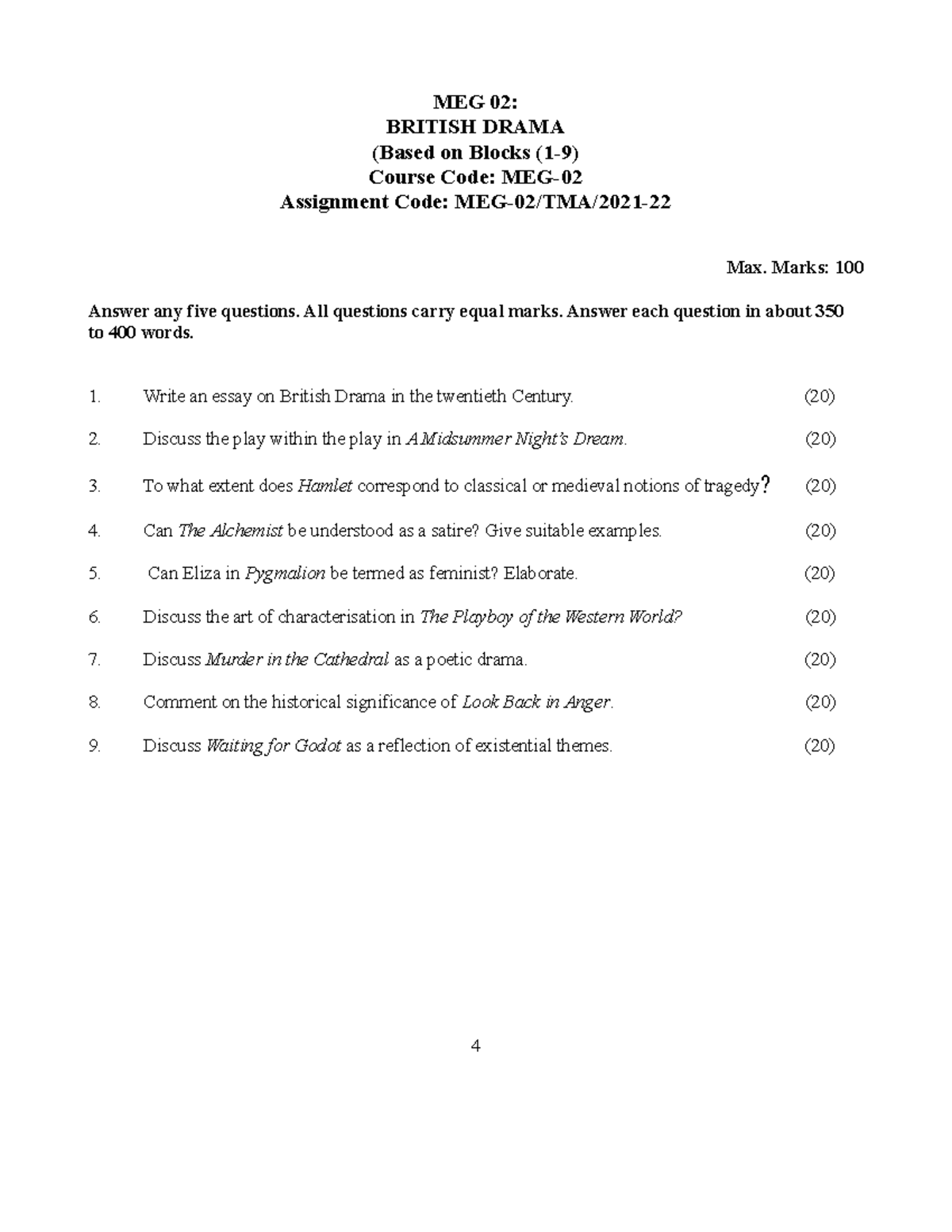 MEG-02-2 - assignments for exam - MEG 02: BRITISH DRAMA (Based on ...