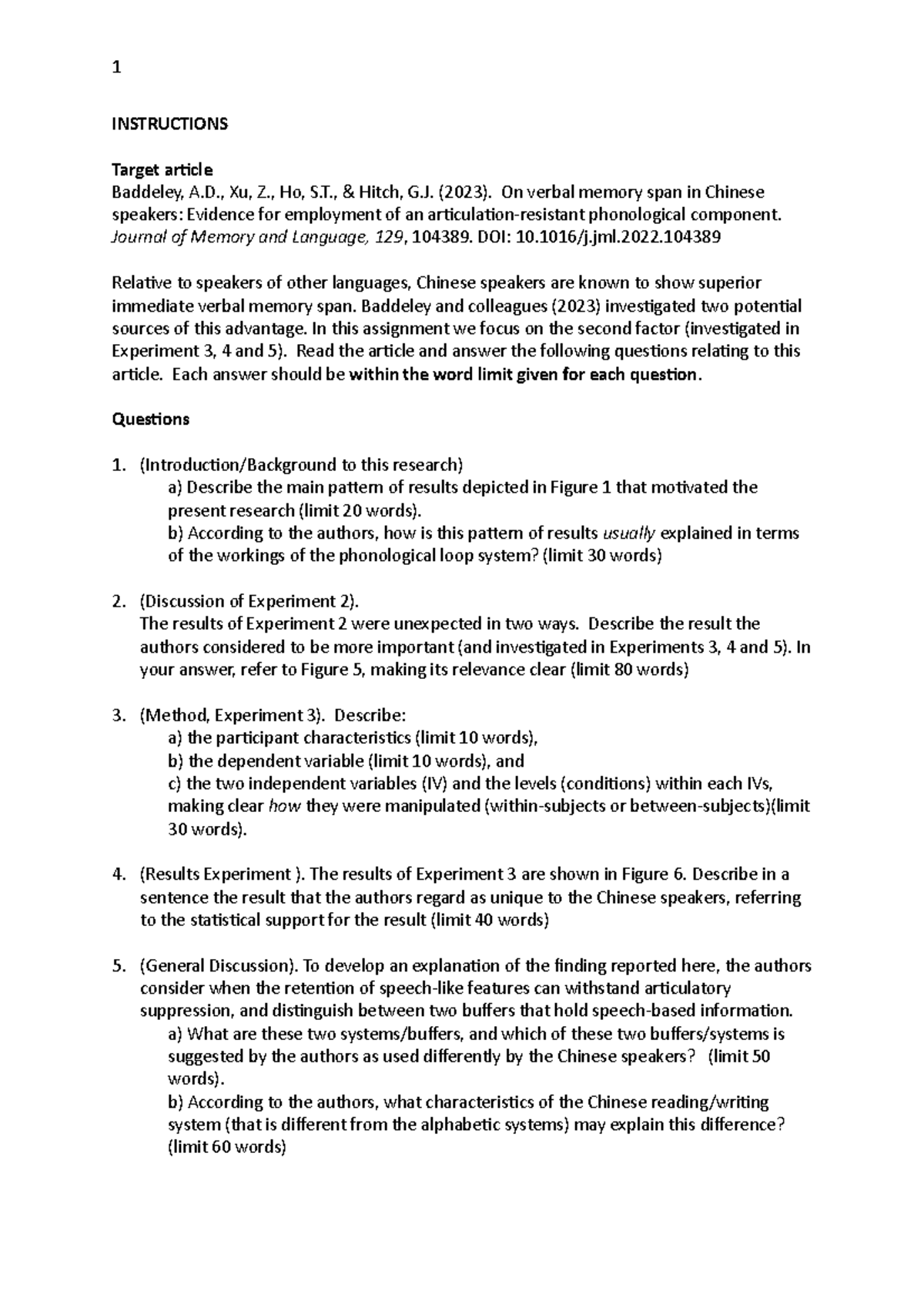 Assignment brief and instructions 2023 - 1 INSTRUCTIONS Target article Baddeley, A., Xu, Z., Ho ...