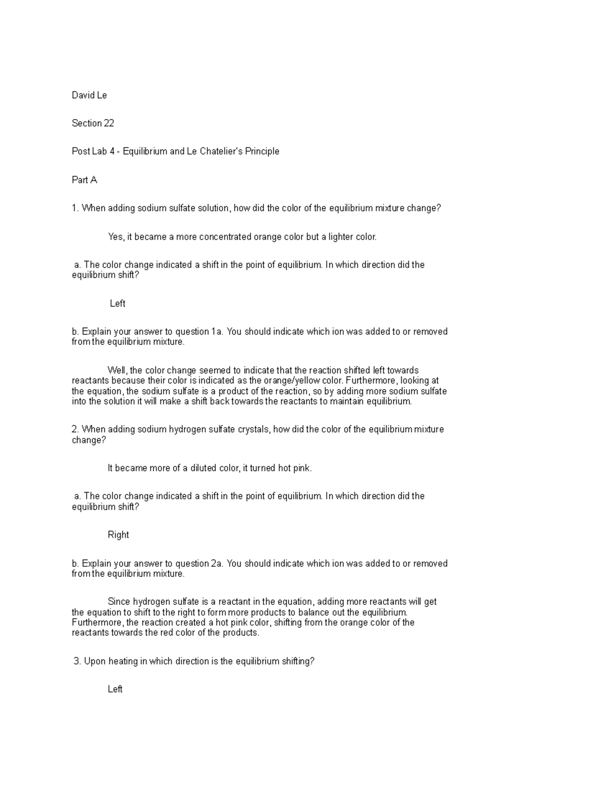Equilibrium and Le Chatelier’s Principle - a. The color change ...