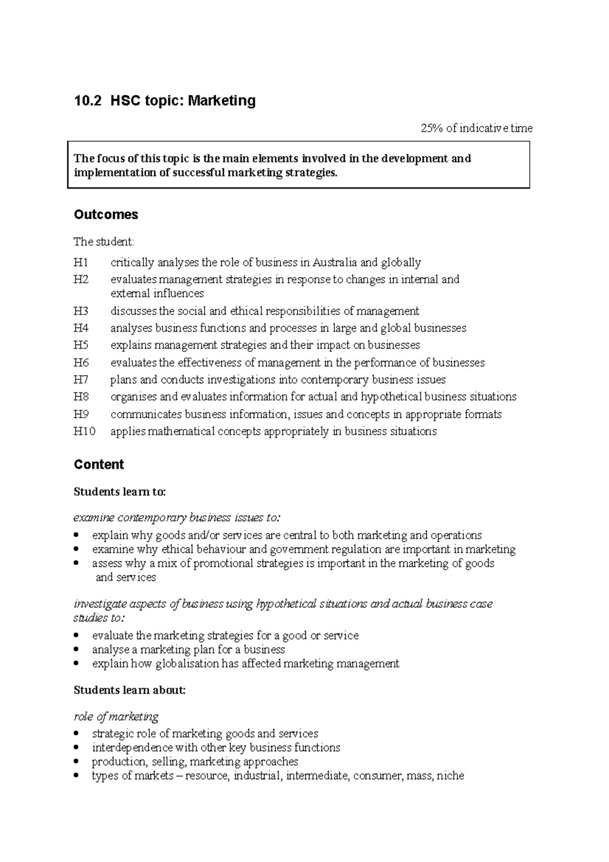 Marketing Syllabus - ... - 10 HSC topic: Marketing 25% of indicative ...