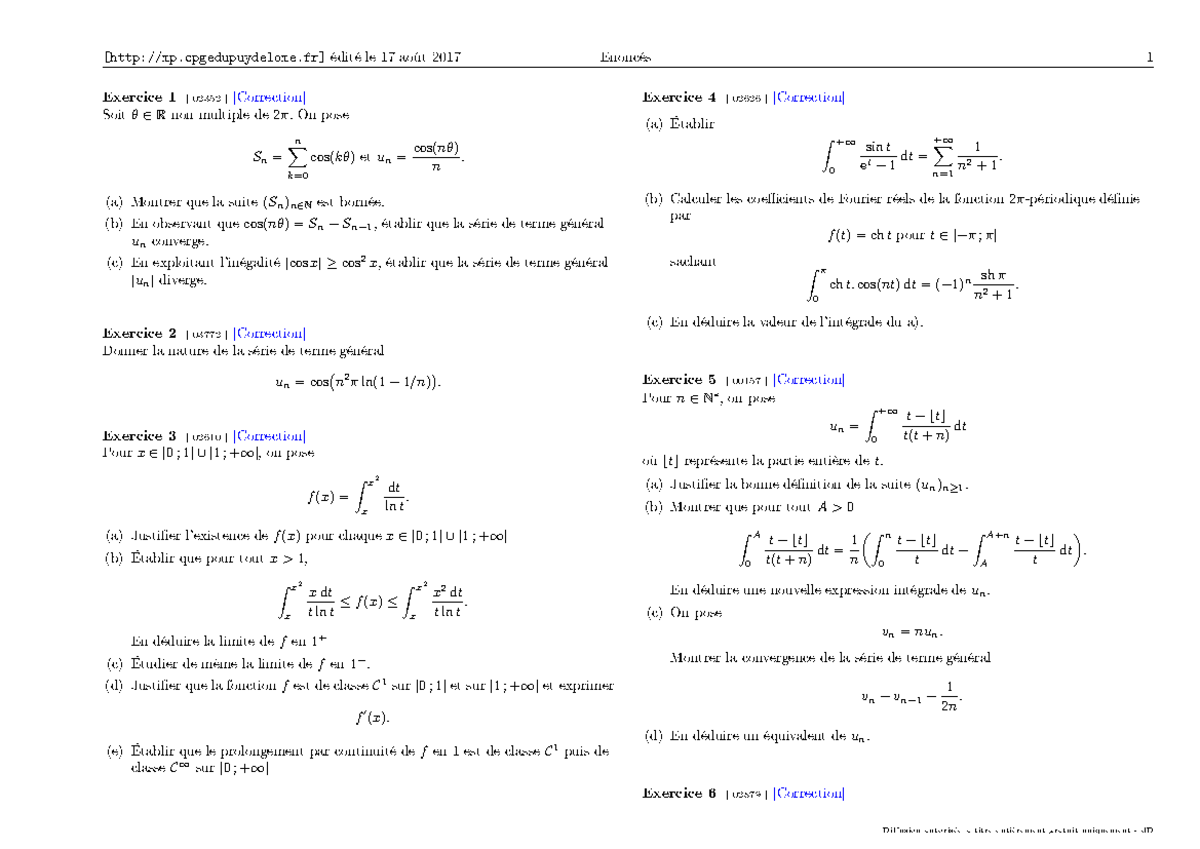 Enstim - math - Exercice 1 [ 02352 ] [Correction] Soit θ ∈ R non multiple de 2 π. On pose Sn = ∑ ...