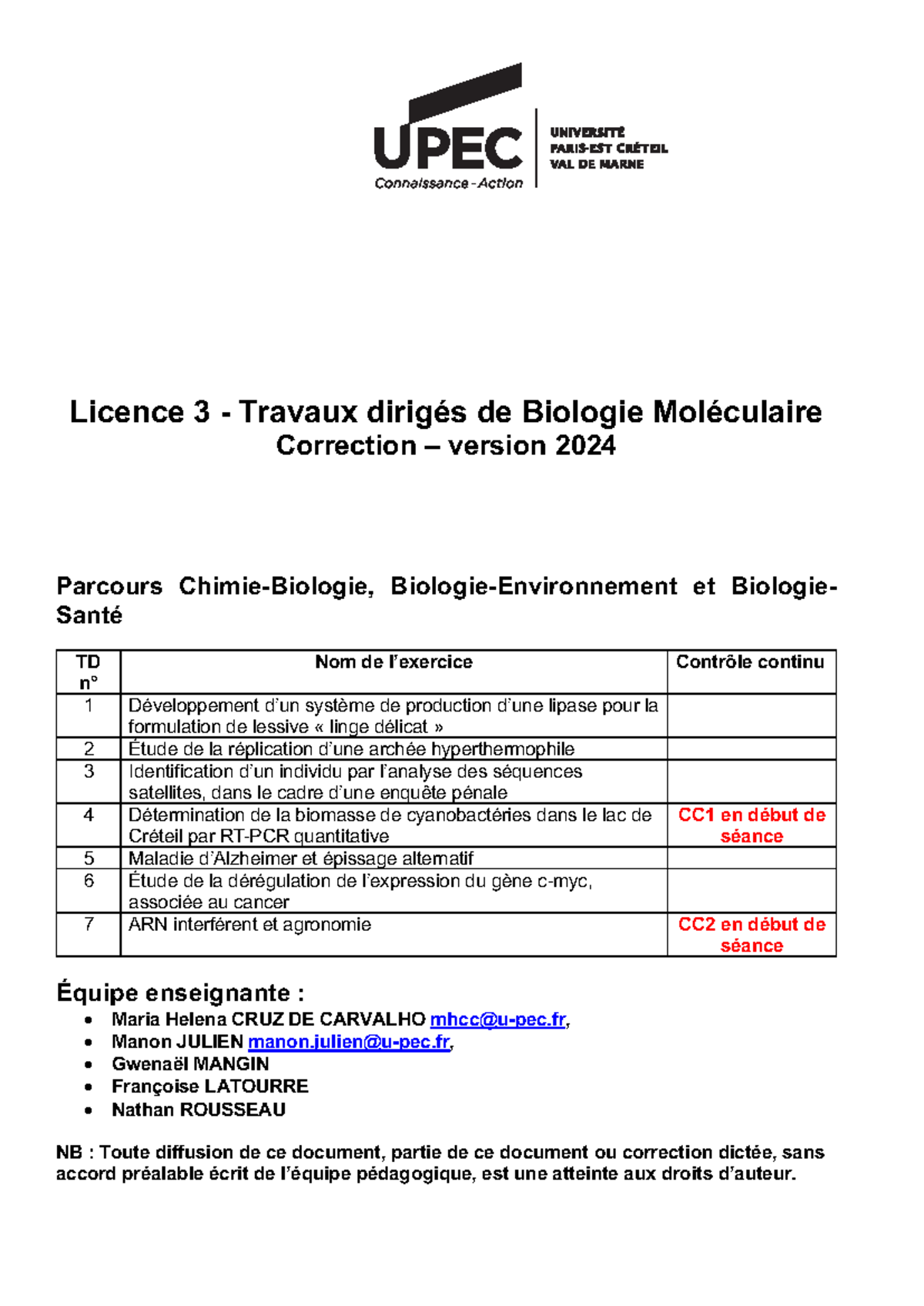 L3 BM-TD 2024-2025 - Licence 3 - Travaux dirigés de Biologie Moléculaire Correction – version ...