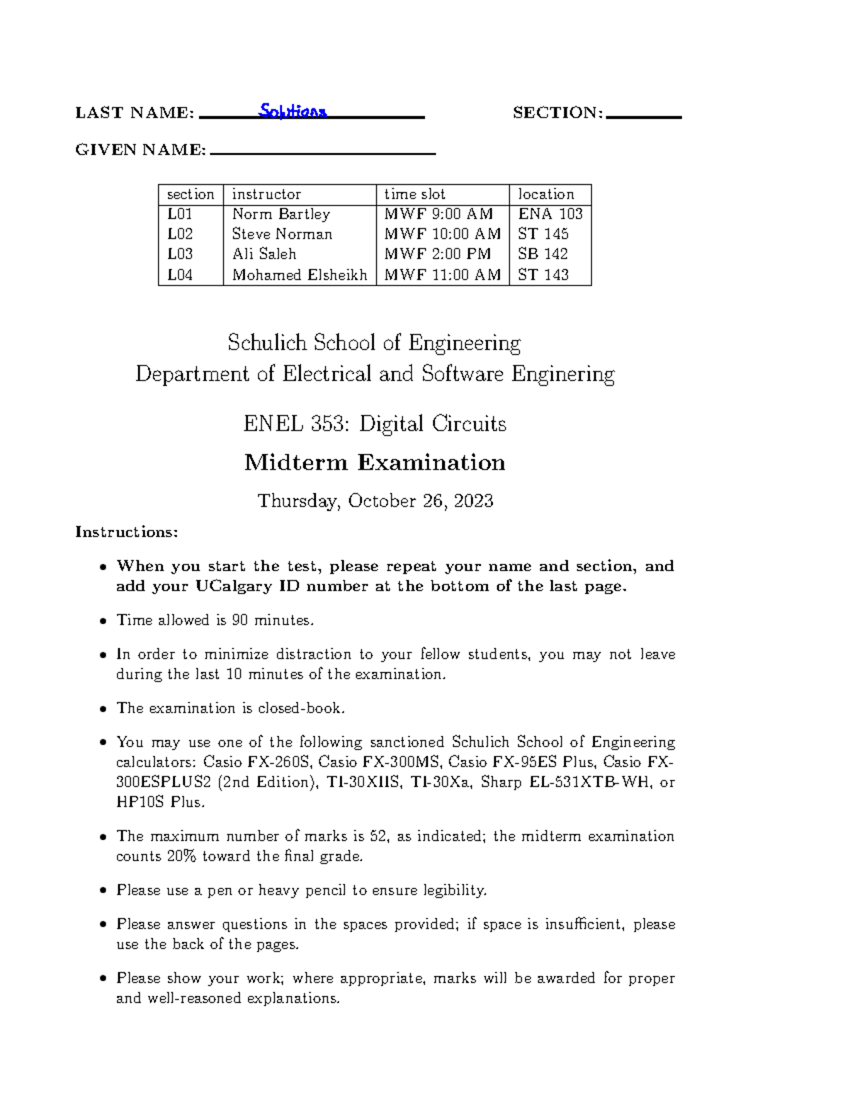 Midterm 2023 Solutions - LAST NAME: GIVEN NAME: SECTION: section ...