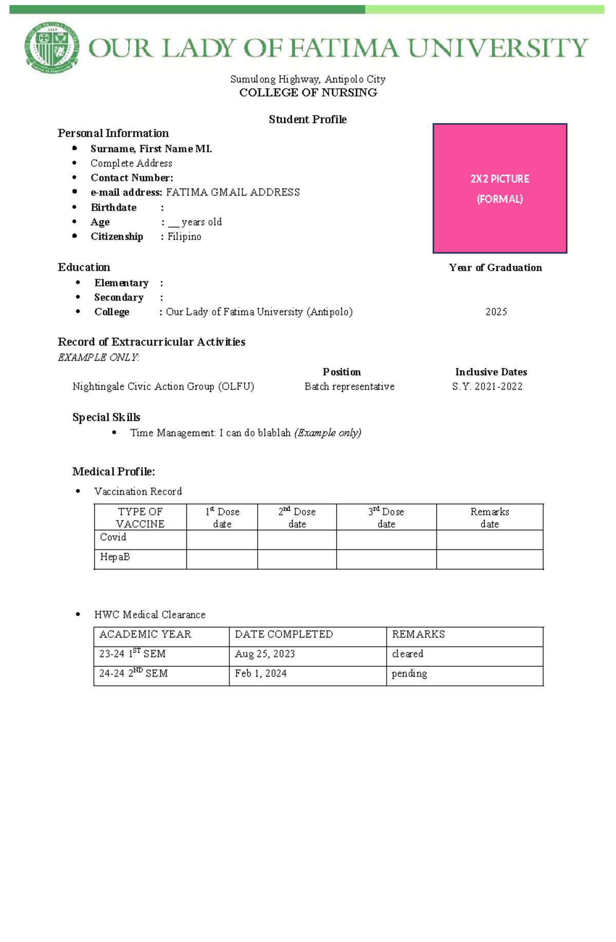 Student- Profile- Format - Sumulong Highway, Antipolo City COLLEGE OF ...